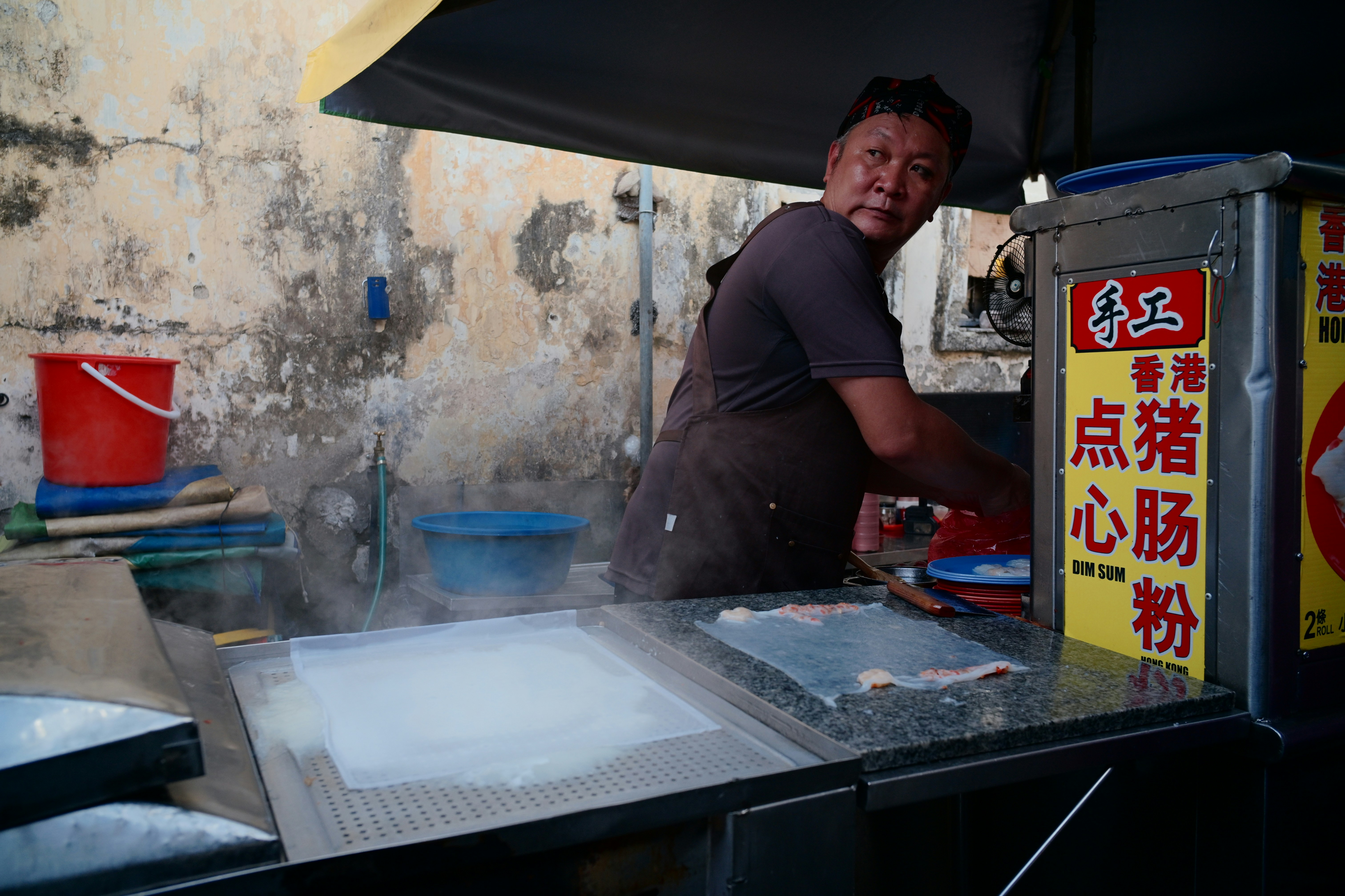 Steam and Signage: Street Vendor at a Horn-Lam Fish Dumpling Stand