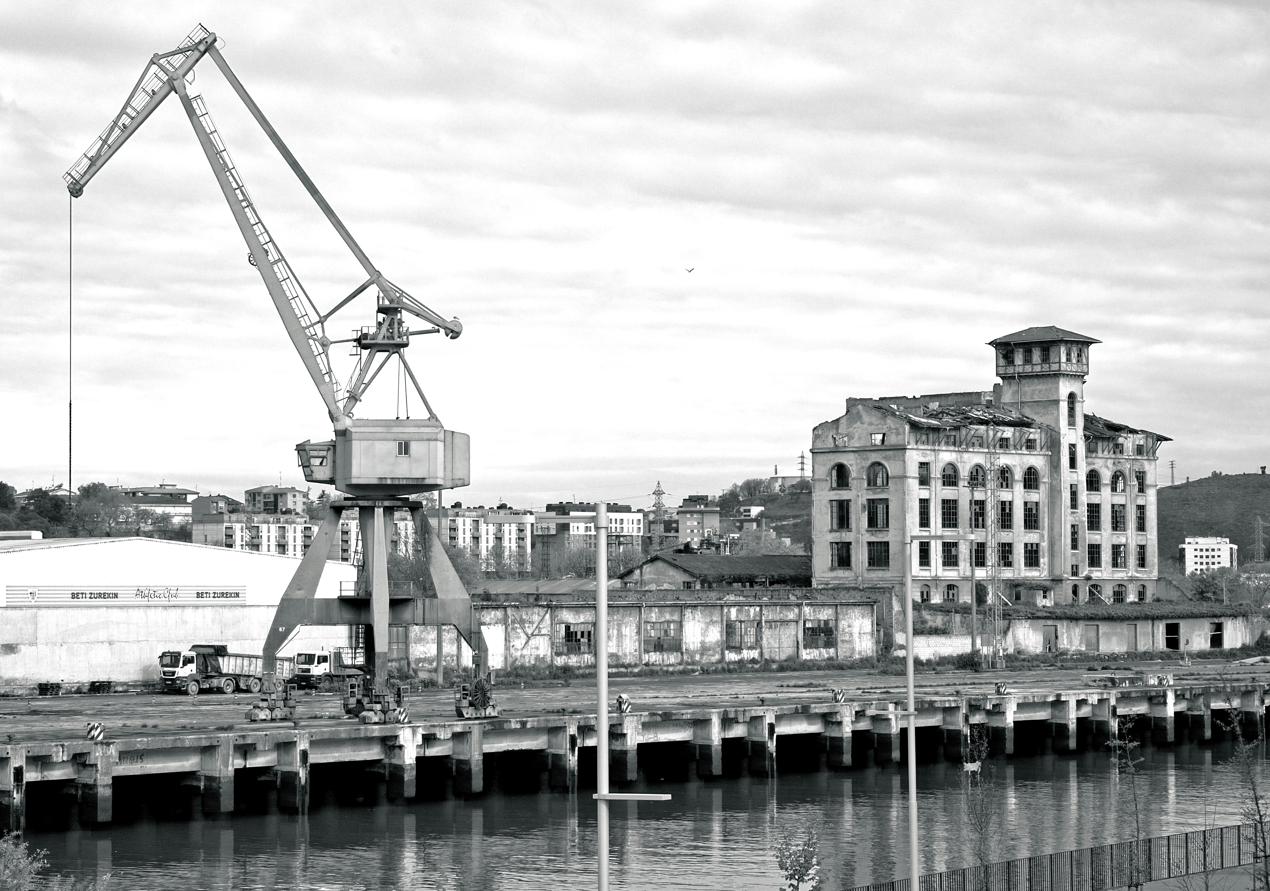 Harbor Crane and Abandoned Brick Factory: Monochrome Quiet