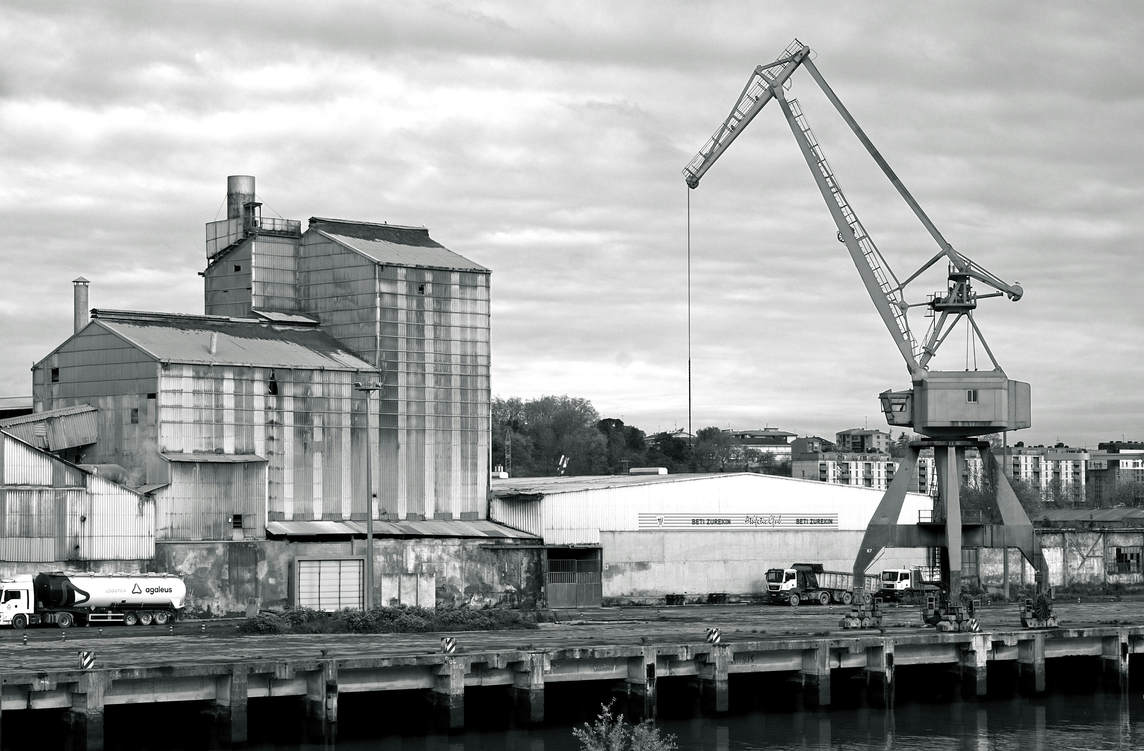 Industrial Harbor: Crane Long Arm Over Silent Silos