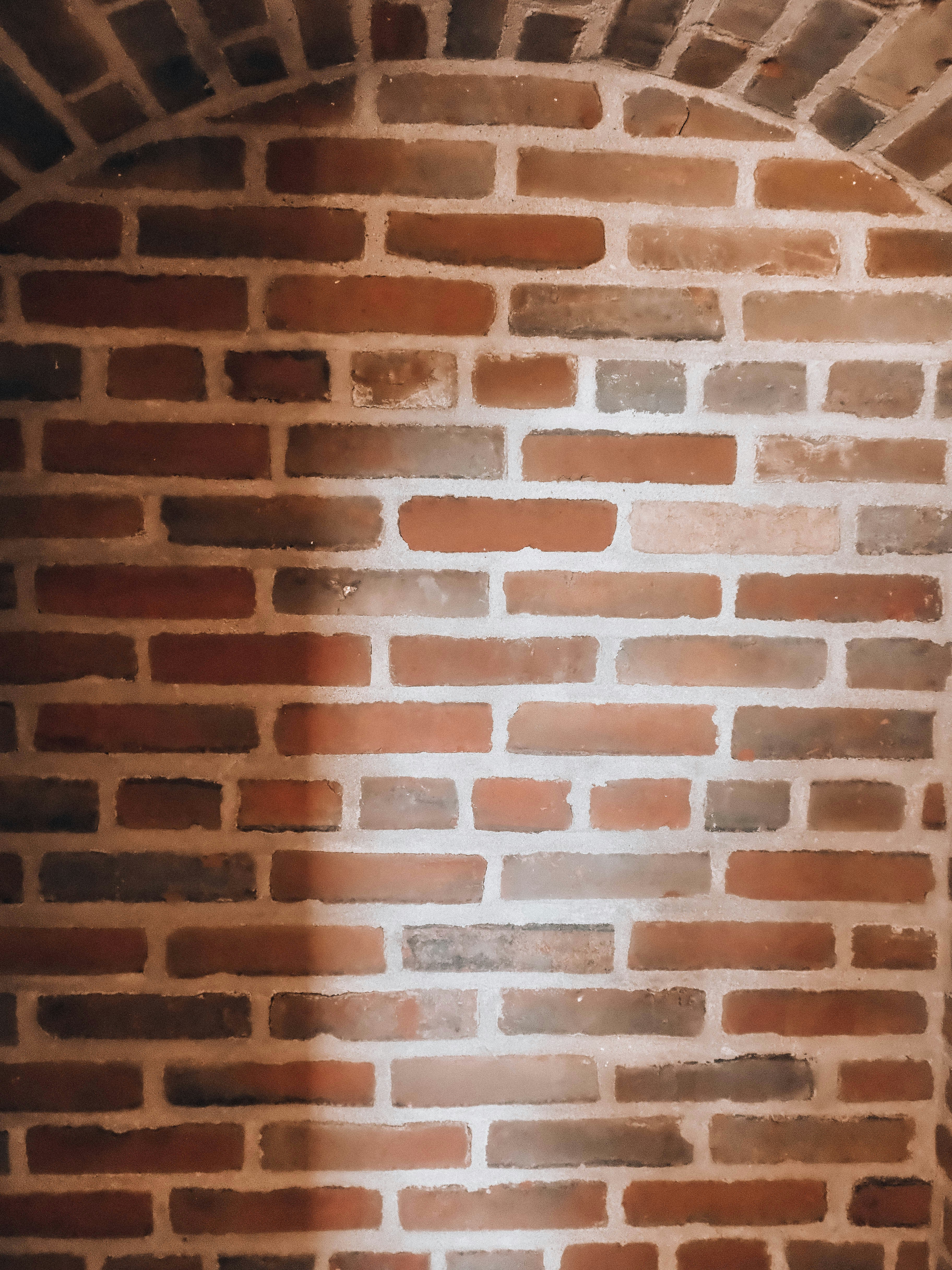 A brick wall with a subtle arch at the top, bathed in soft light and a long shadow across the surface. This is a textured architectural detail photograph.