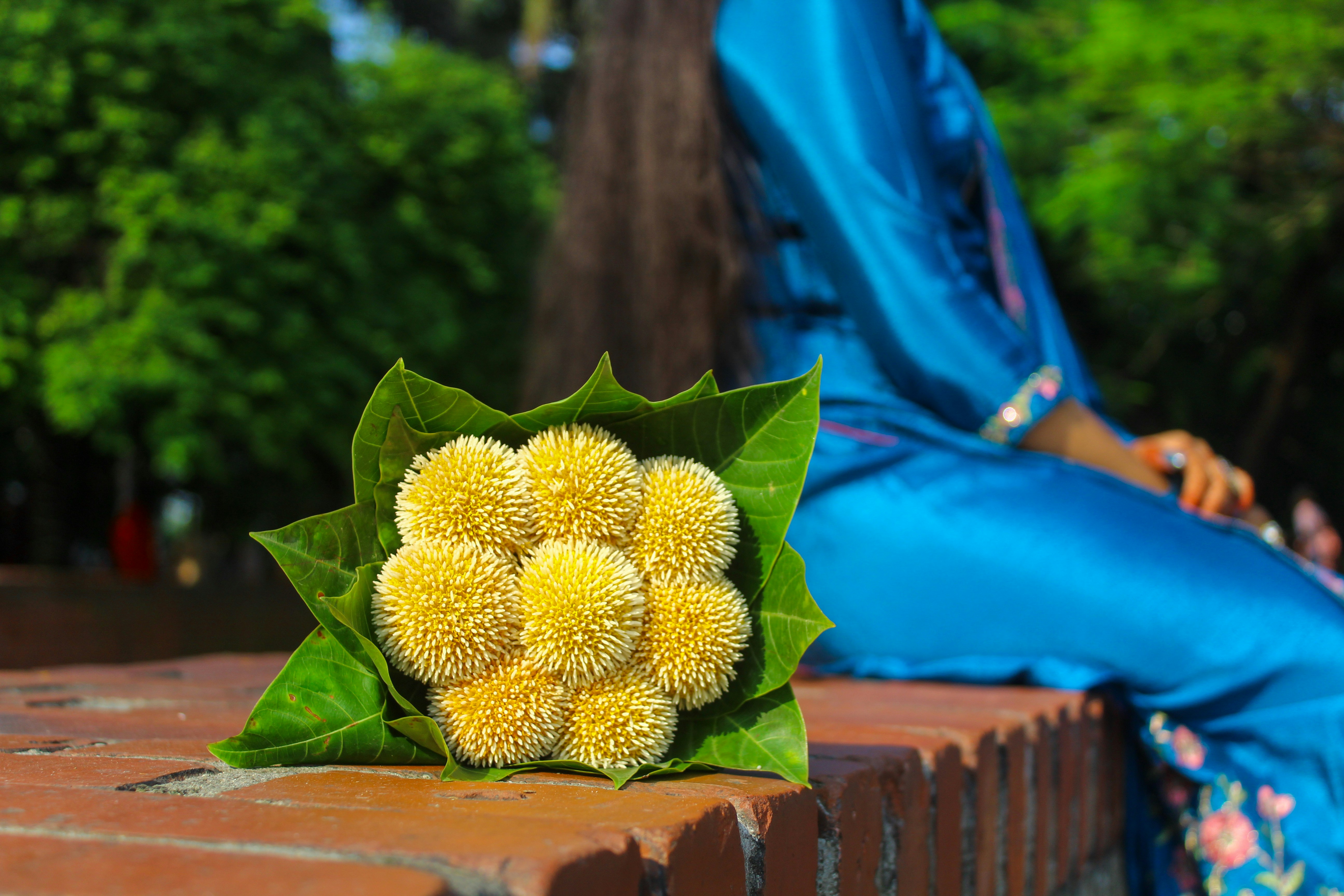 Sun-kissedkeros Bouquet on Brick Bench with Blue Garment in Background