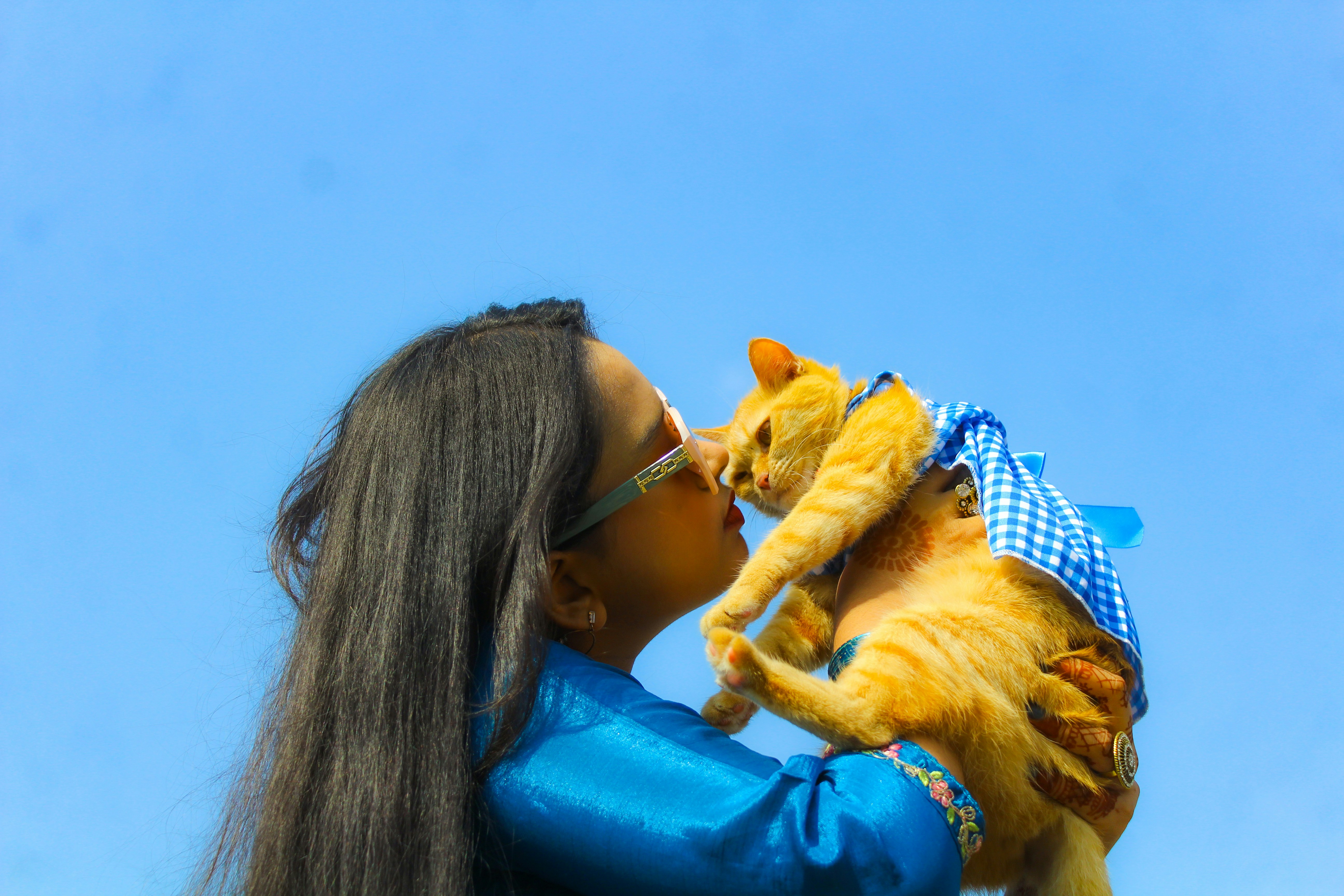Close‑up of a woman kissing a cat against a clear blue sky