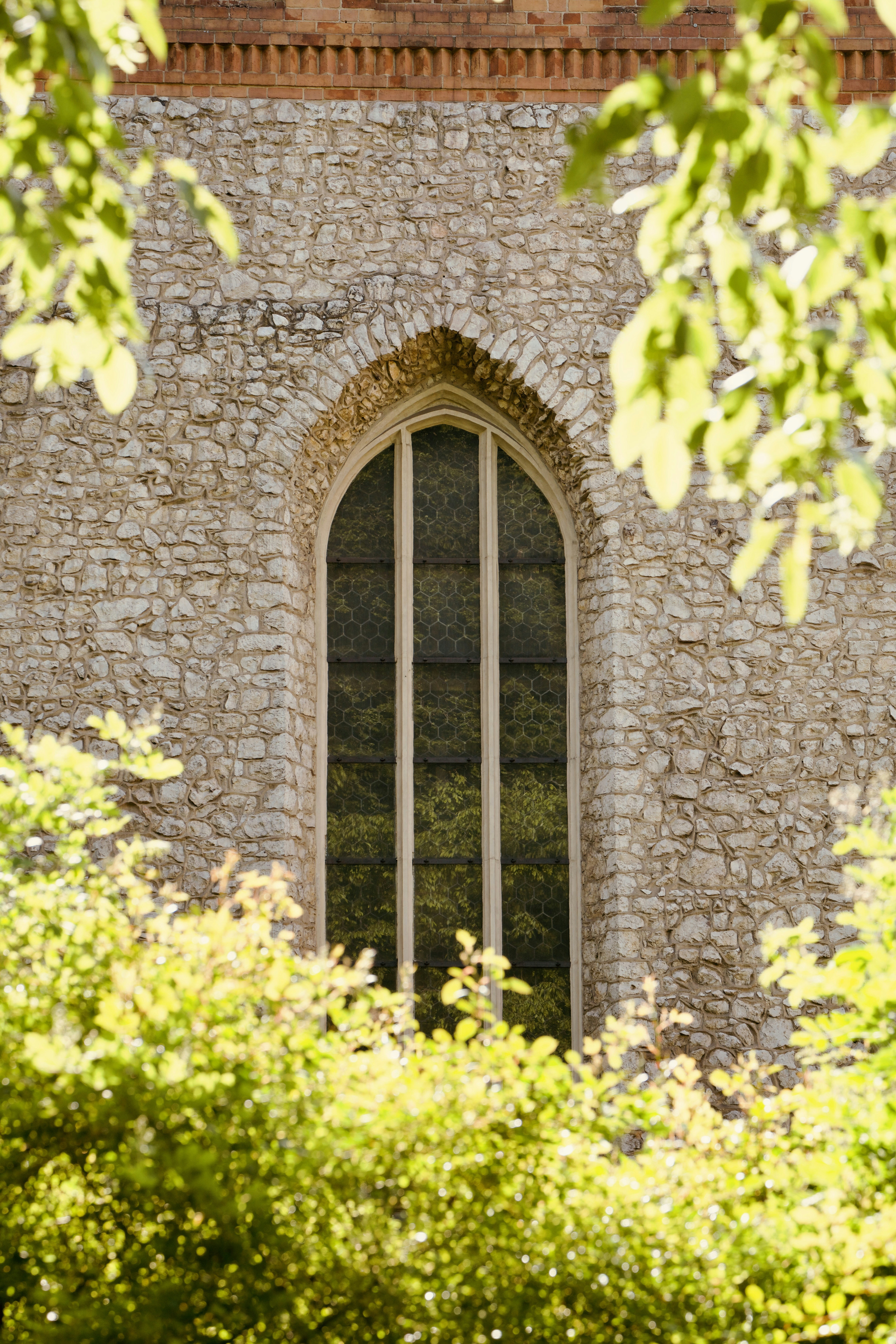 Stone Archway Window Framed by Sunlit Foliage