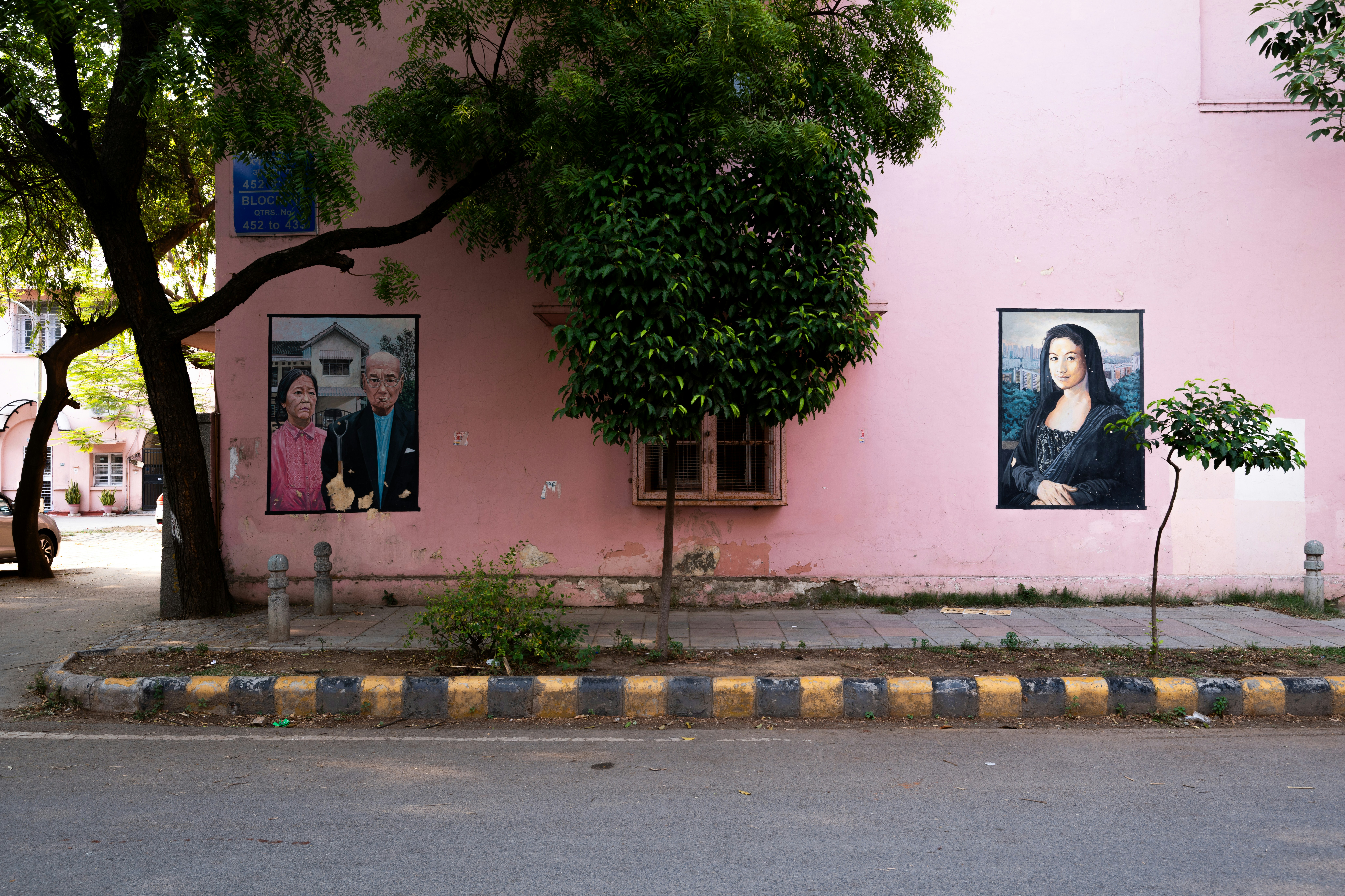 Colorful portraits hung on a pink wall beside a tree-lined street, framed by a curb and road. A simple urban mural scene with a contrast of greenery and building textures.