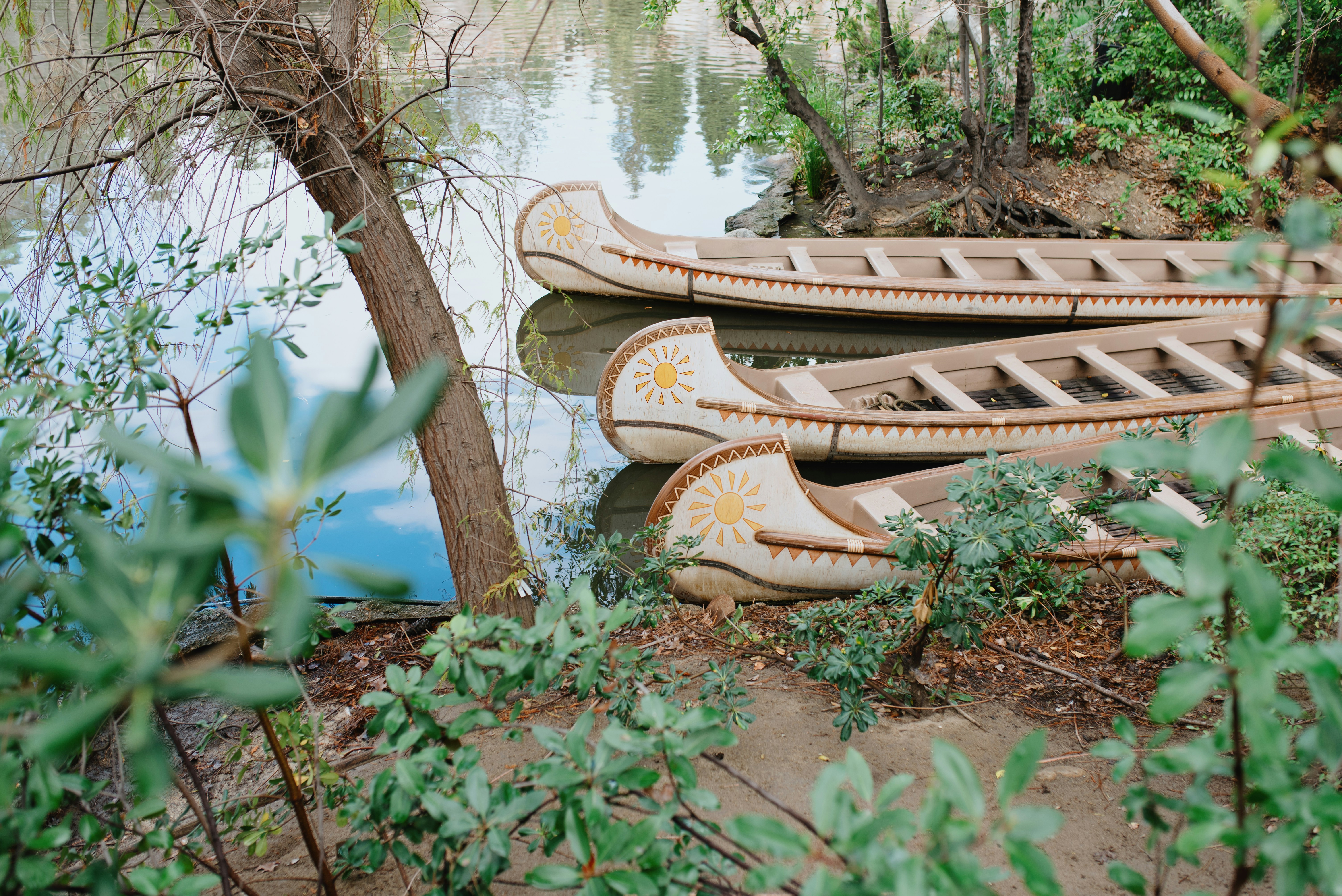Sunlit Canoe Trio Resting by the Quiet Lake