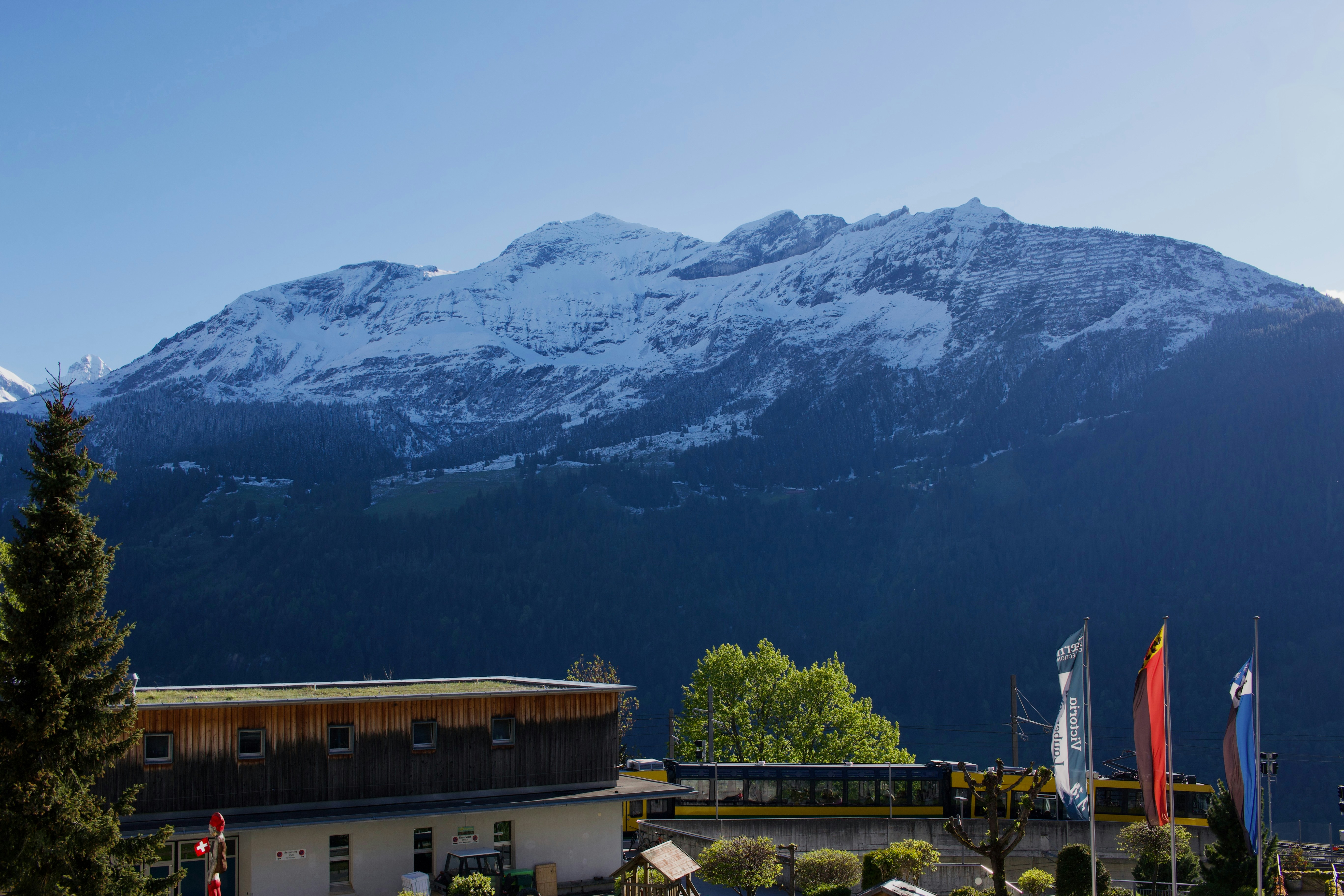 Snow-Capped Peak Overlook from Mountain Lodge