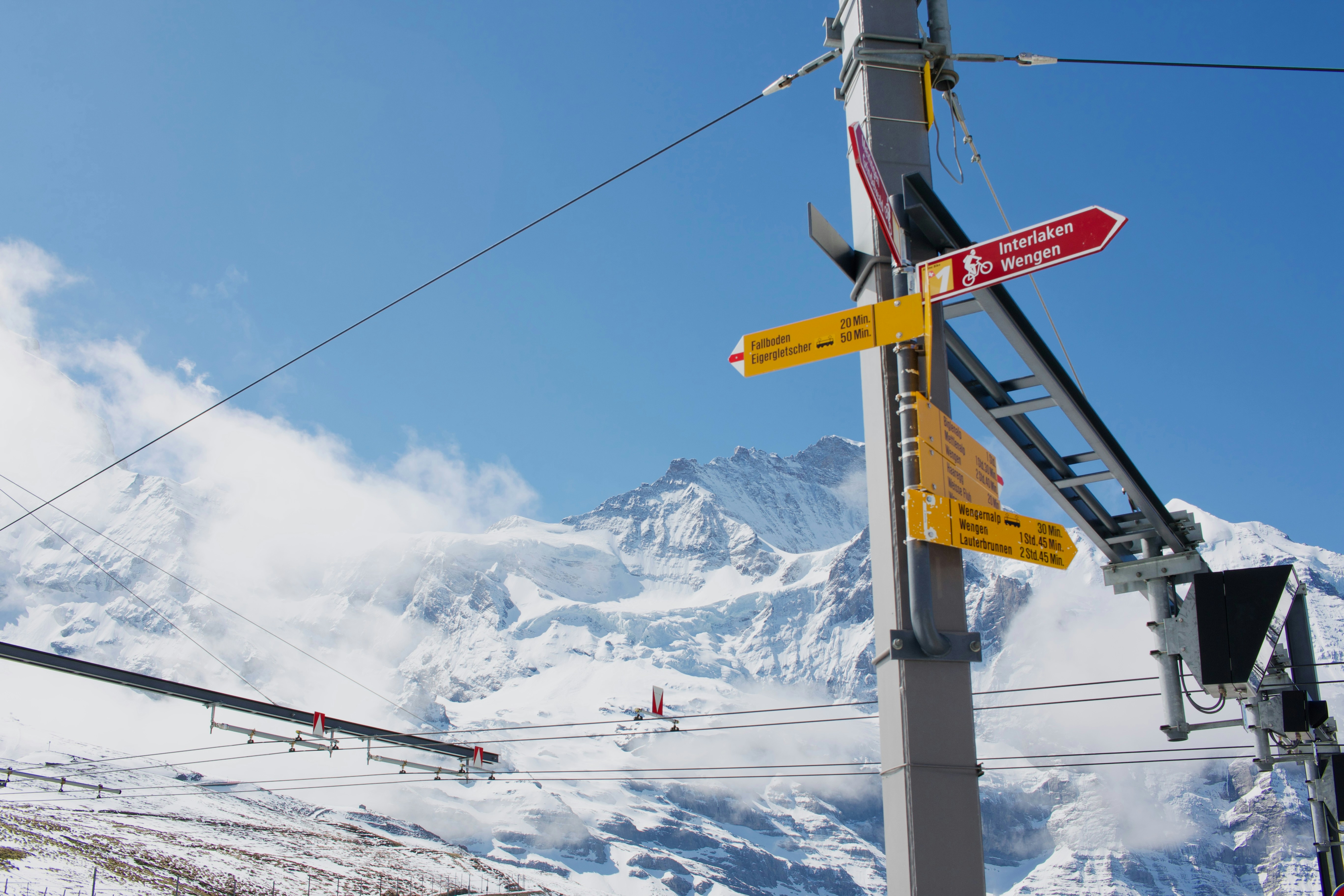 Winter Summit: Signposts Against the Snow-Capped Peaks
