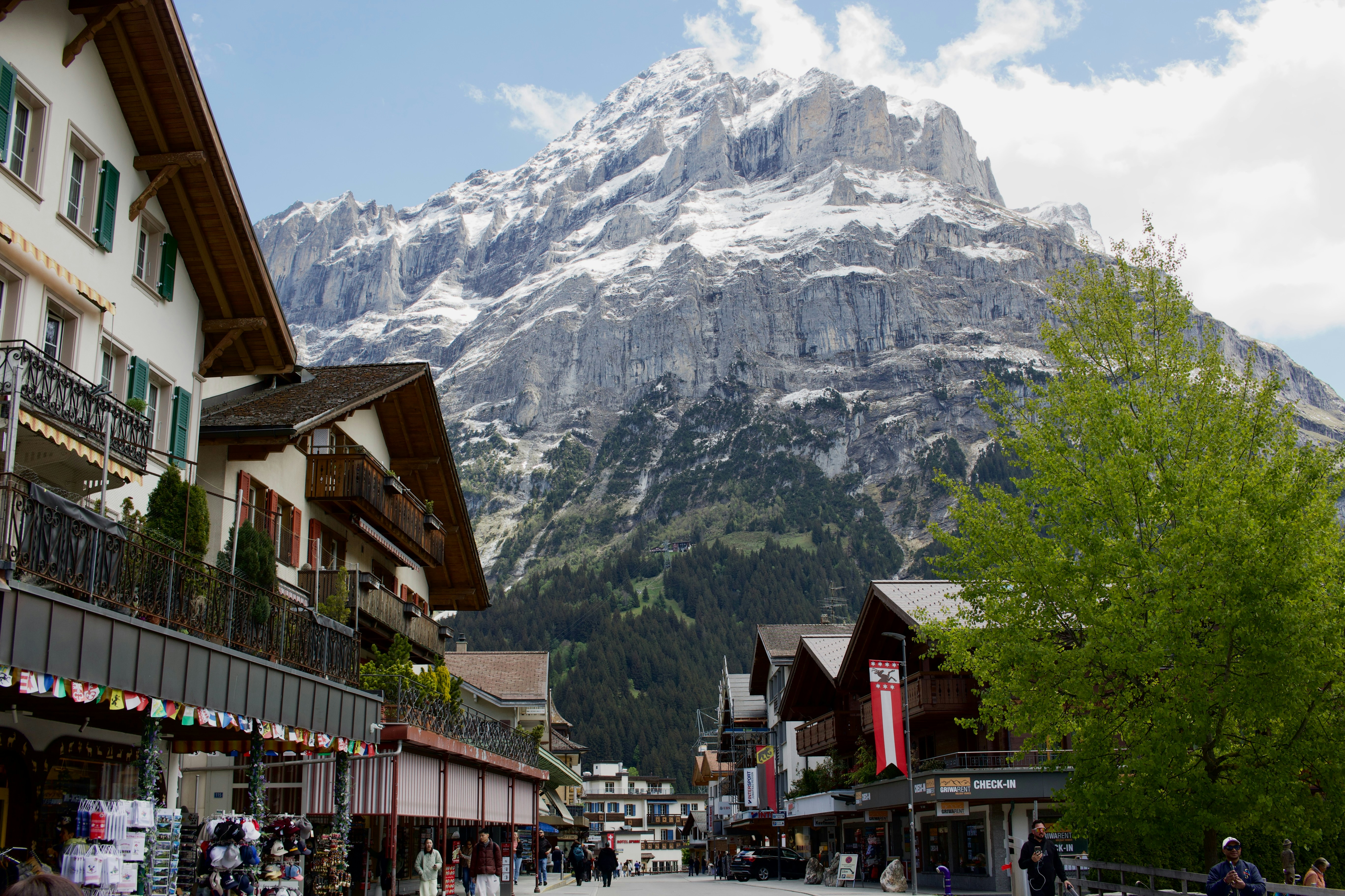 Alpine Village Street Beneath a Snowy Peak