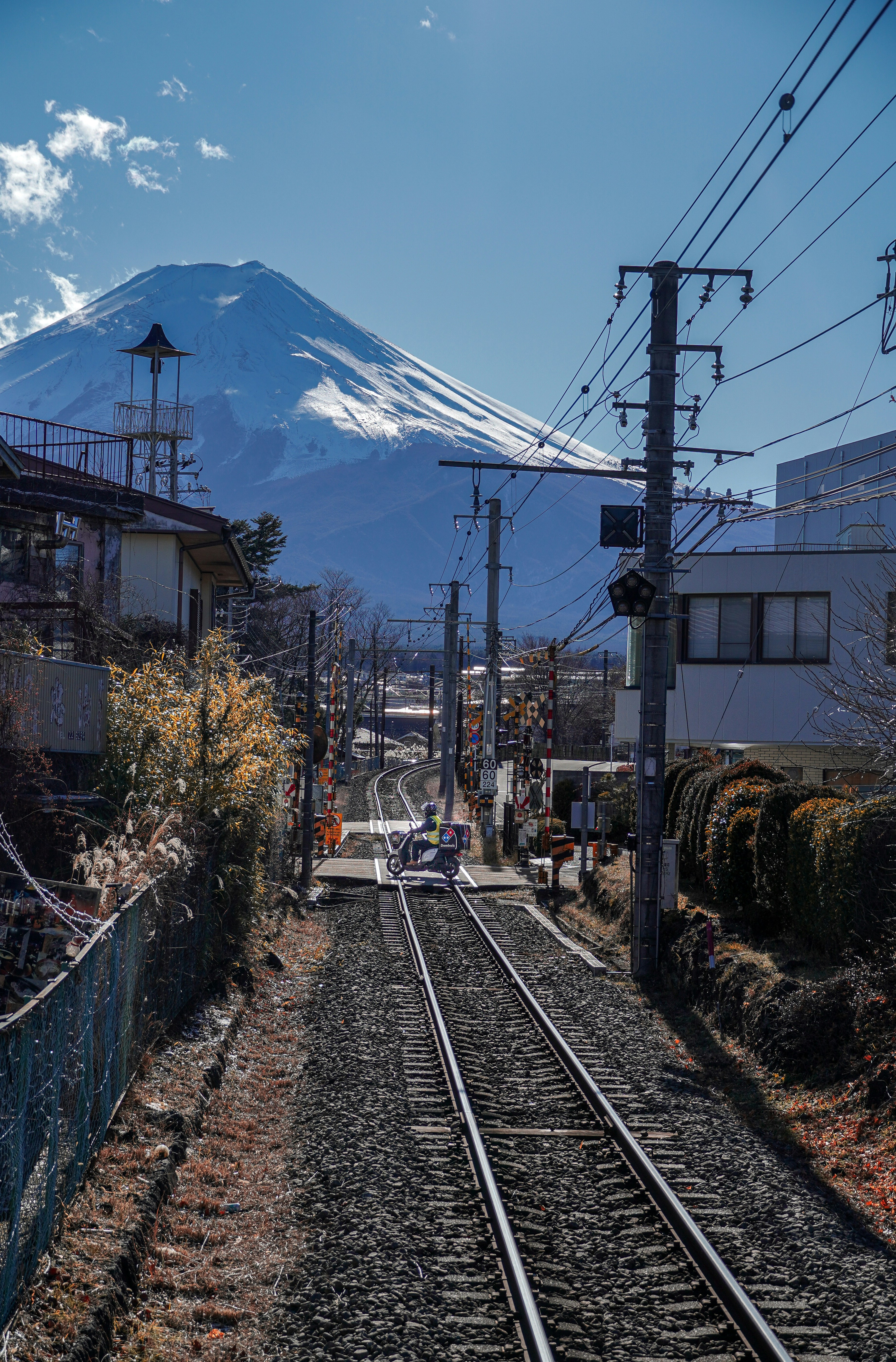 Railway to Mount Fuji: Snow-Capped Horizon Over the Suburban Tracks