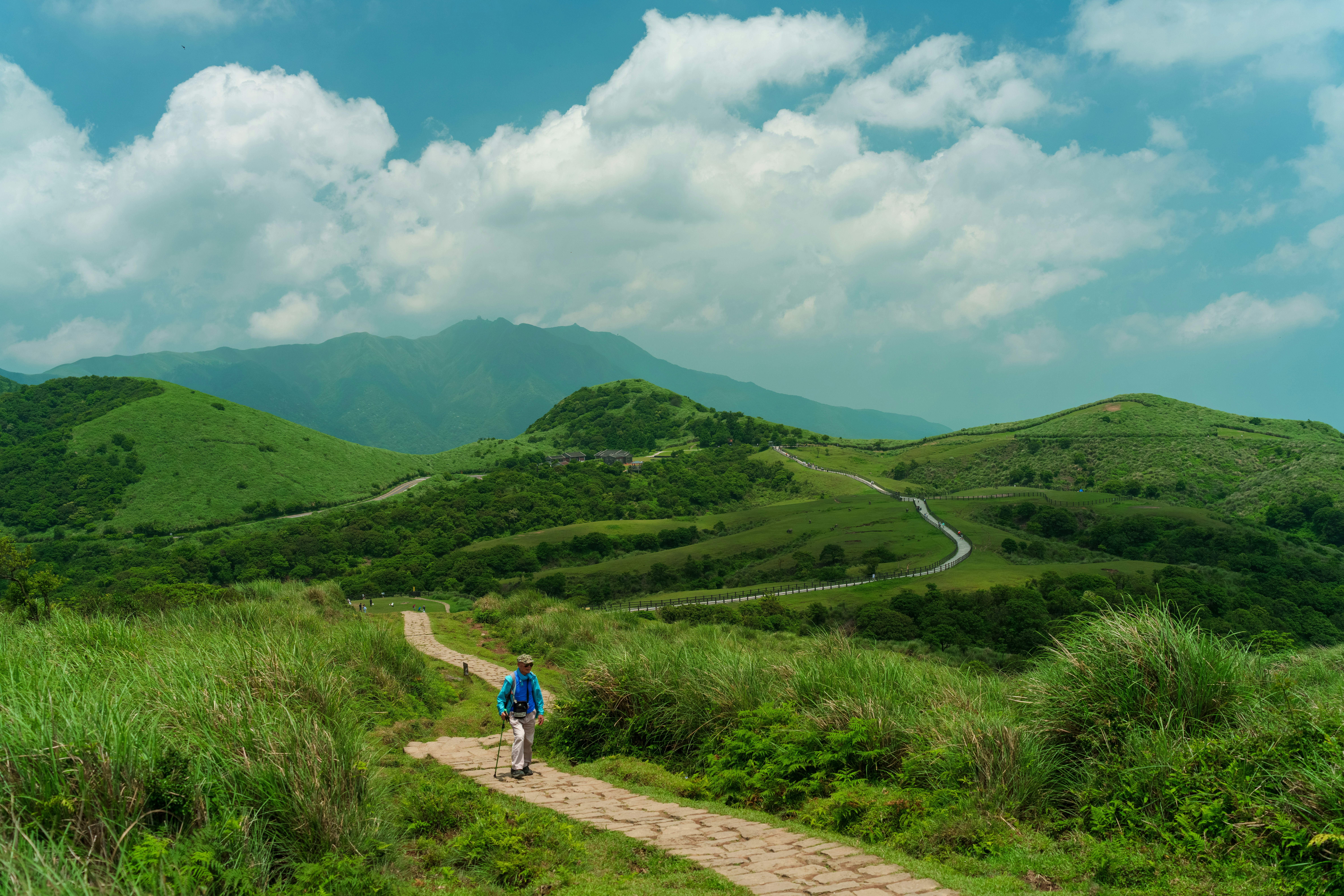 Trail to the Summit: A lone hiker on a winding path through rolling green hills