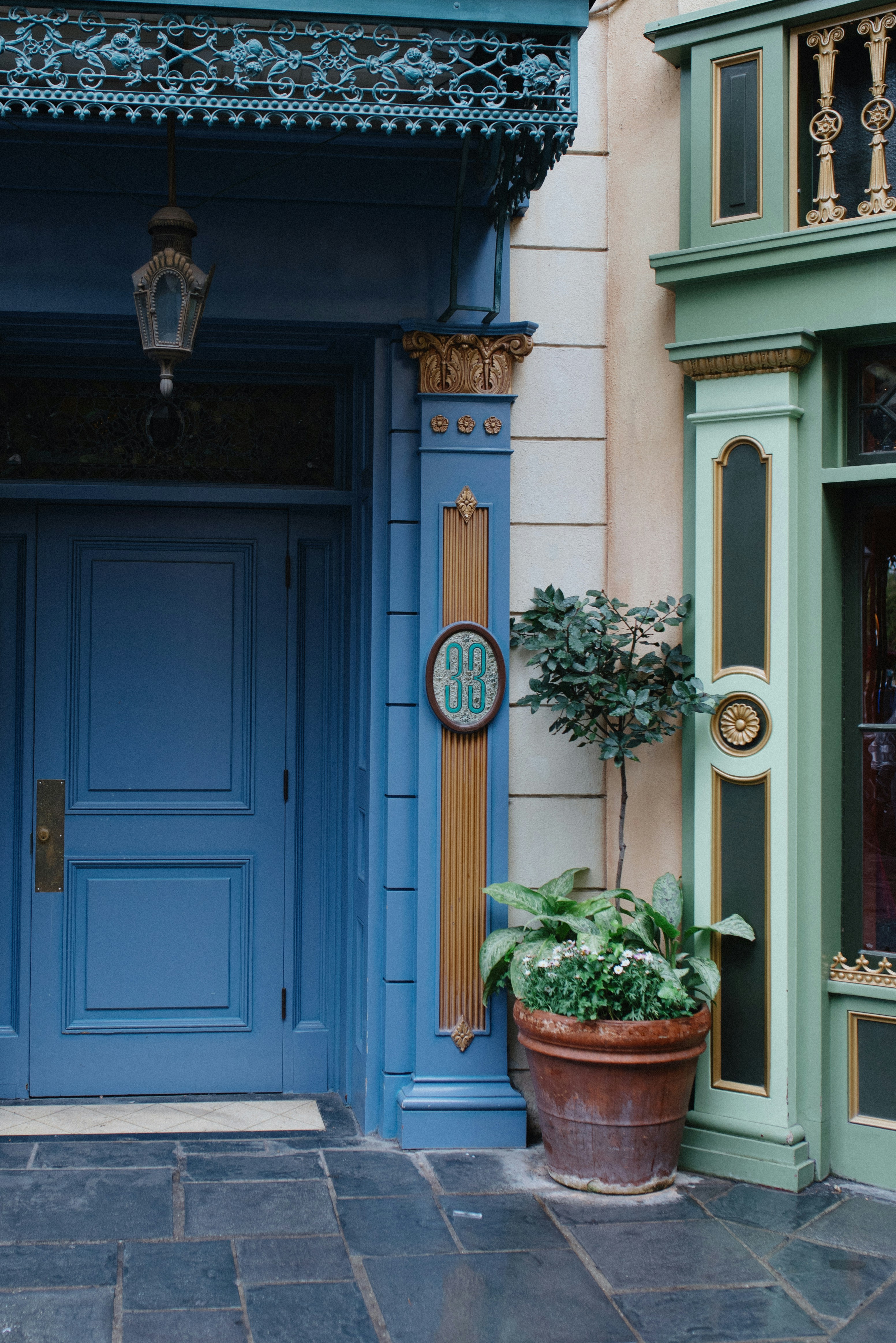 Blue Doorway with Green Facade and Potted Plant