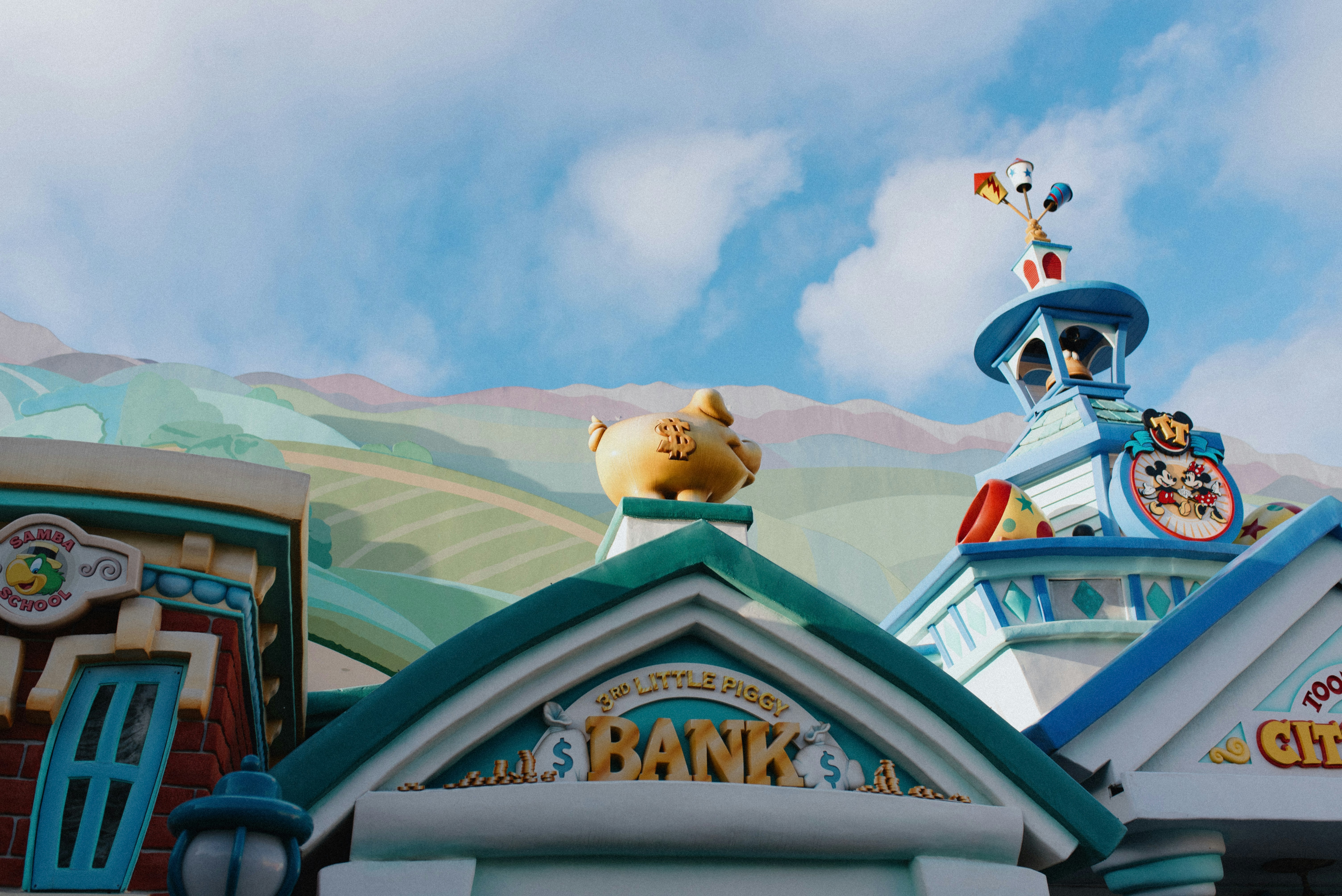 Playful Rooftop Panorama: A Cartoon Bank and Clocktower