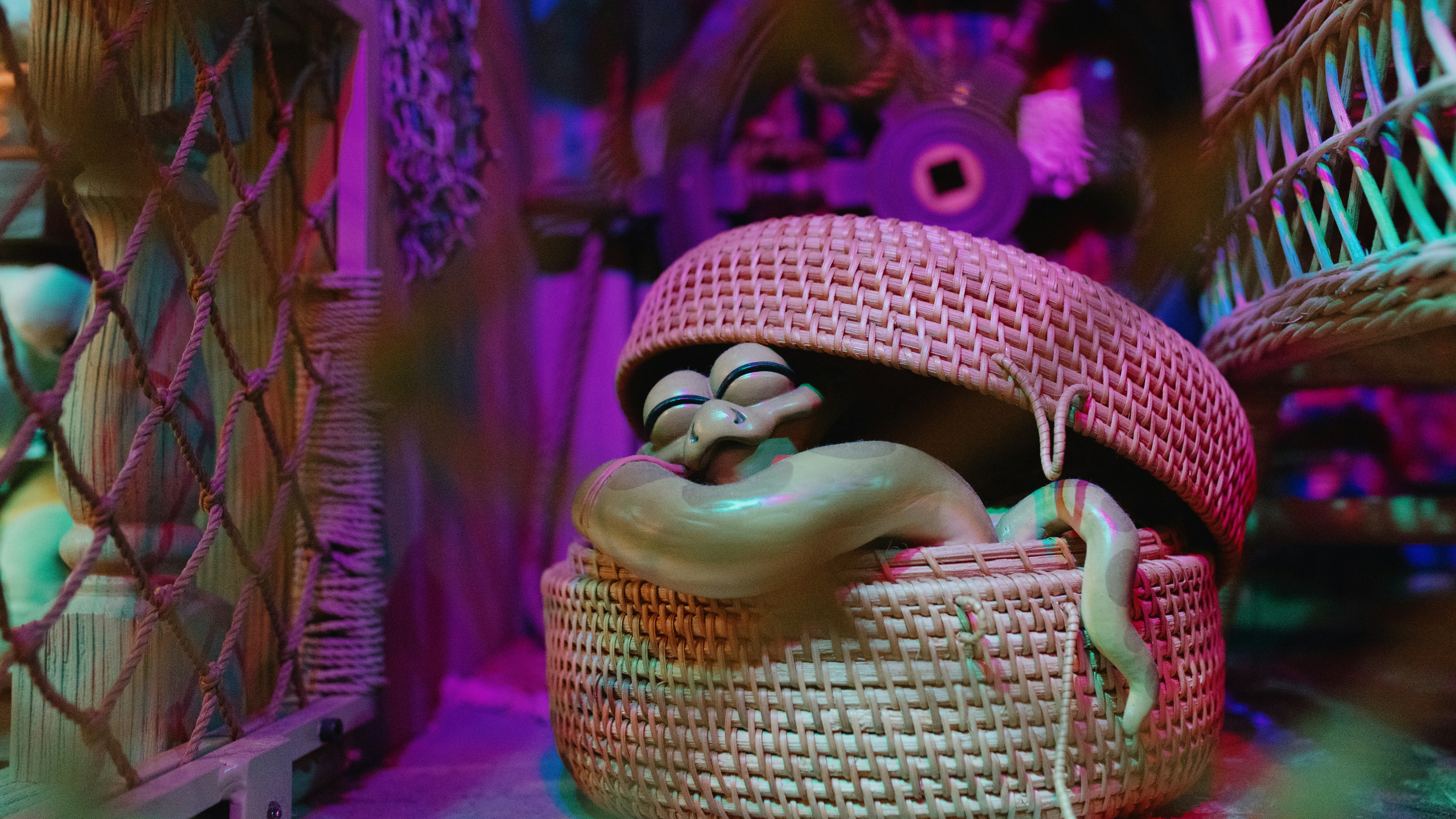 Playful Basket Nook: Monkey in a Cosmic Glow