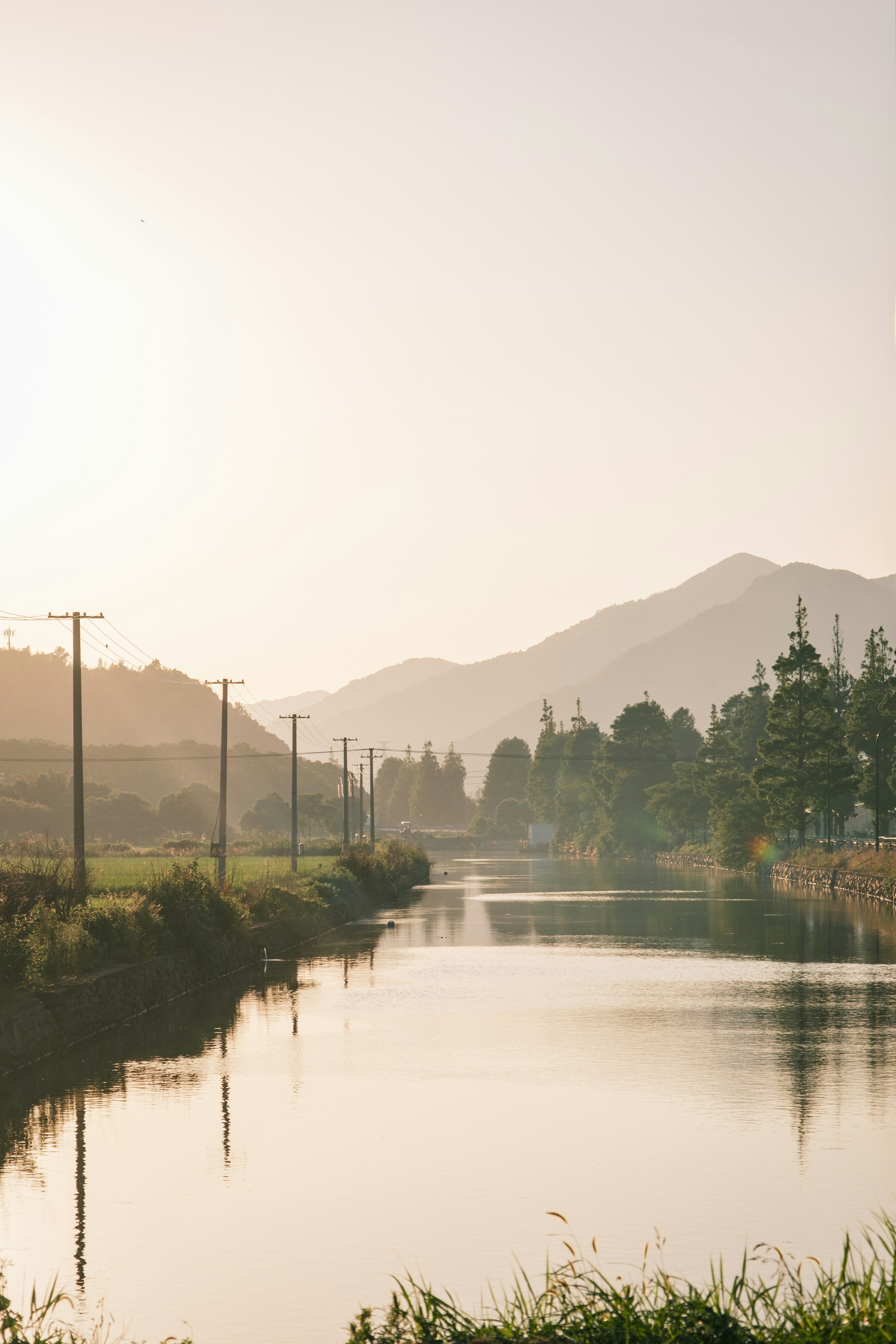 River Railings at Dawn: A Softly Hushed Corridor of Water and Mountains