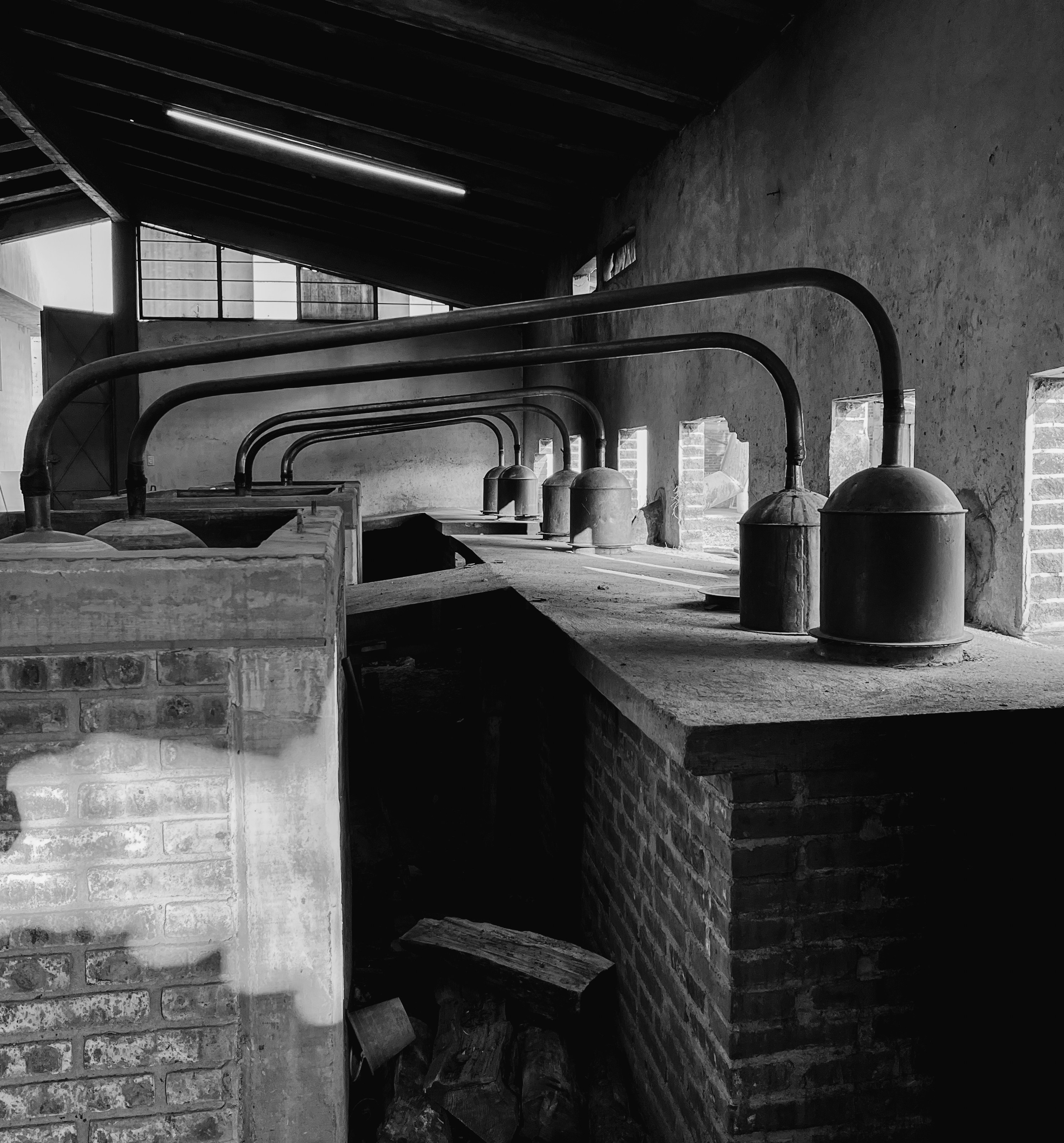 Industrial Loft: Curved Pipes Recur in a Quiet Brick Corridor
