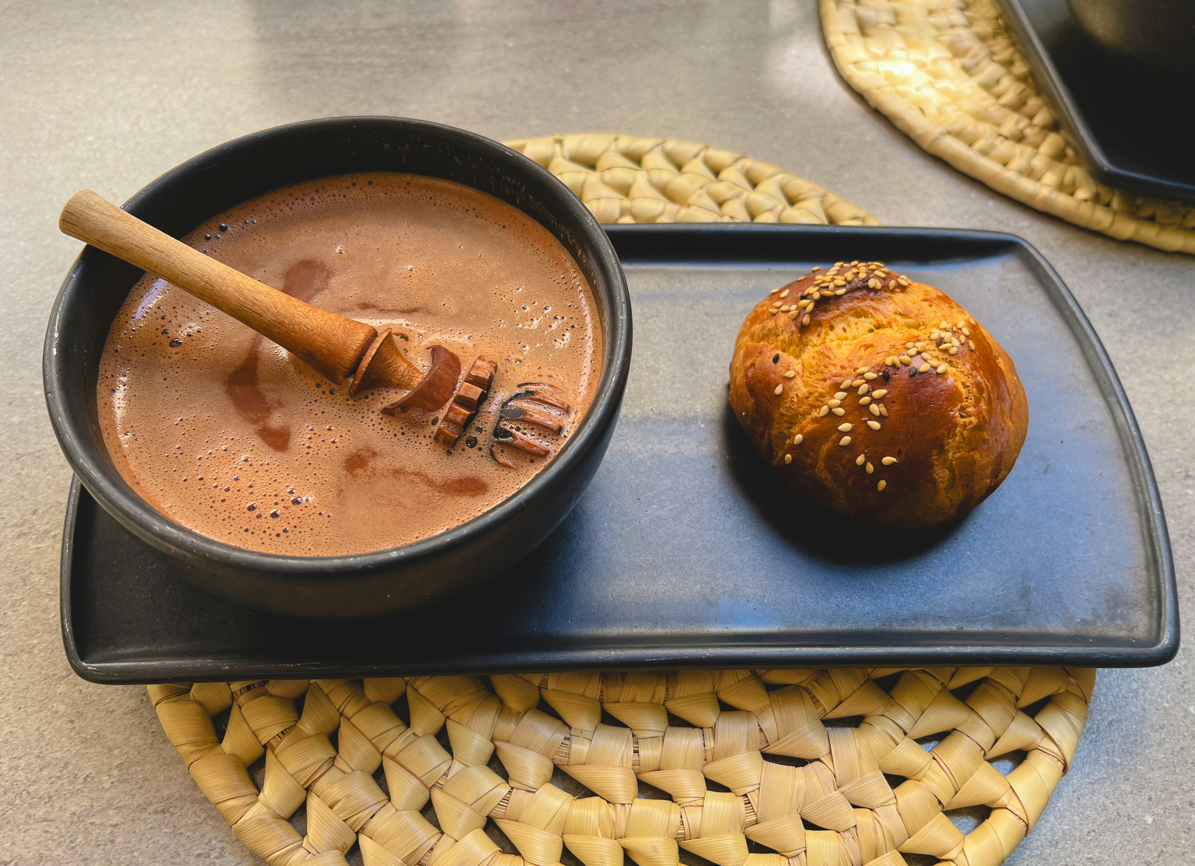 Cocoa Comfort on a Tray: Chocolate Pot and Sesame-Topped Pastry