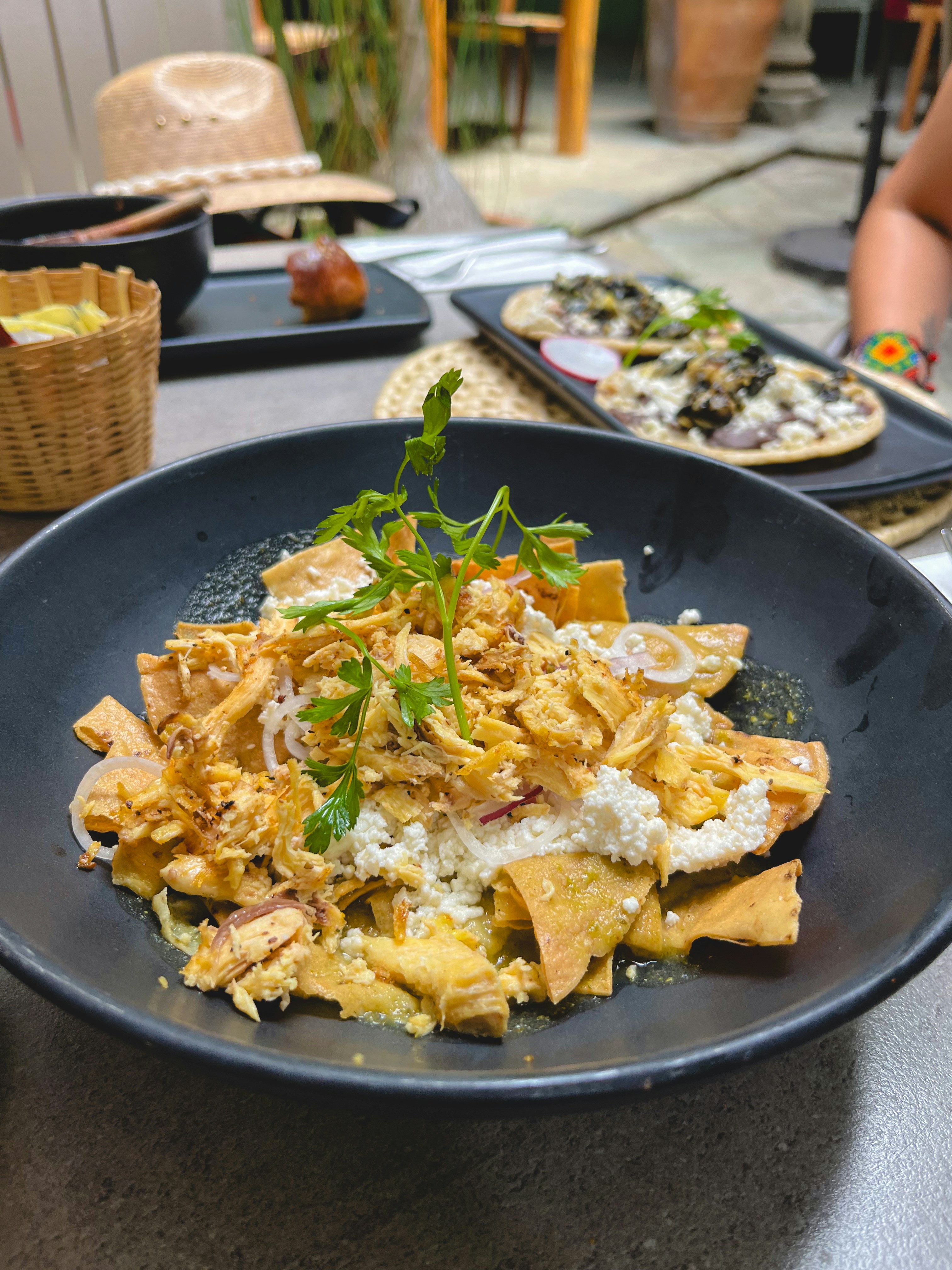 Traditional mexican chilaquiles with chicken, cheese, and crispy onions.