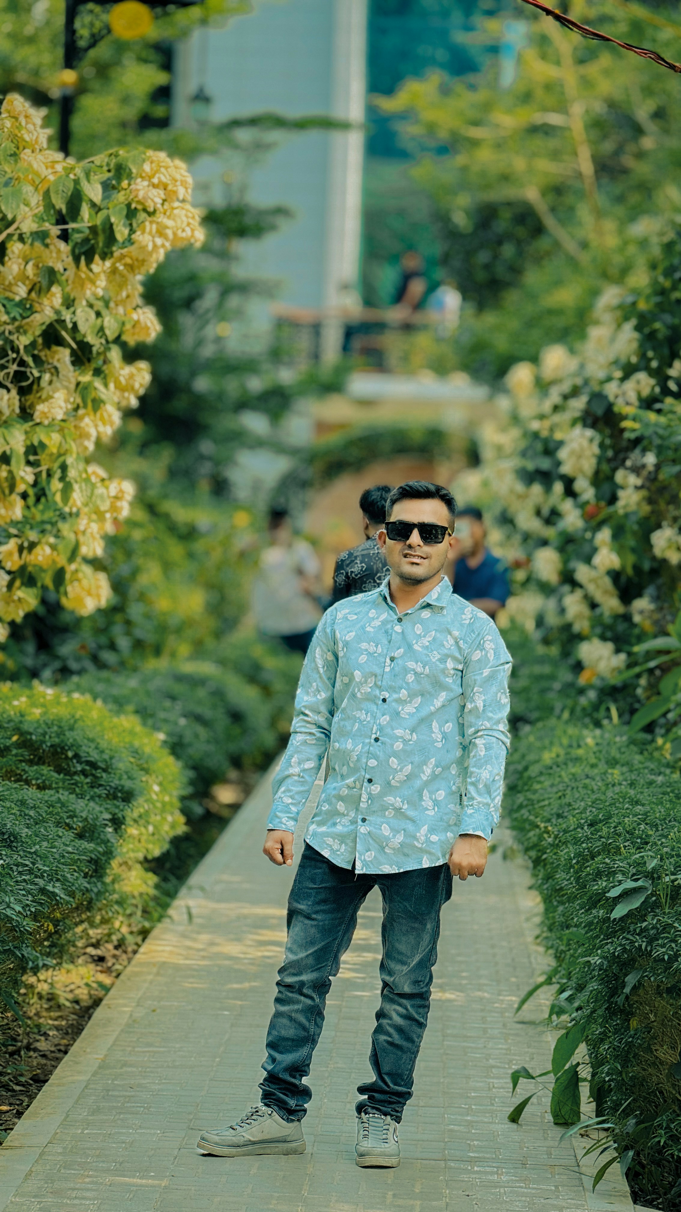 Portrait in a Floral Corridor: A Confident Figure Reimagined