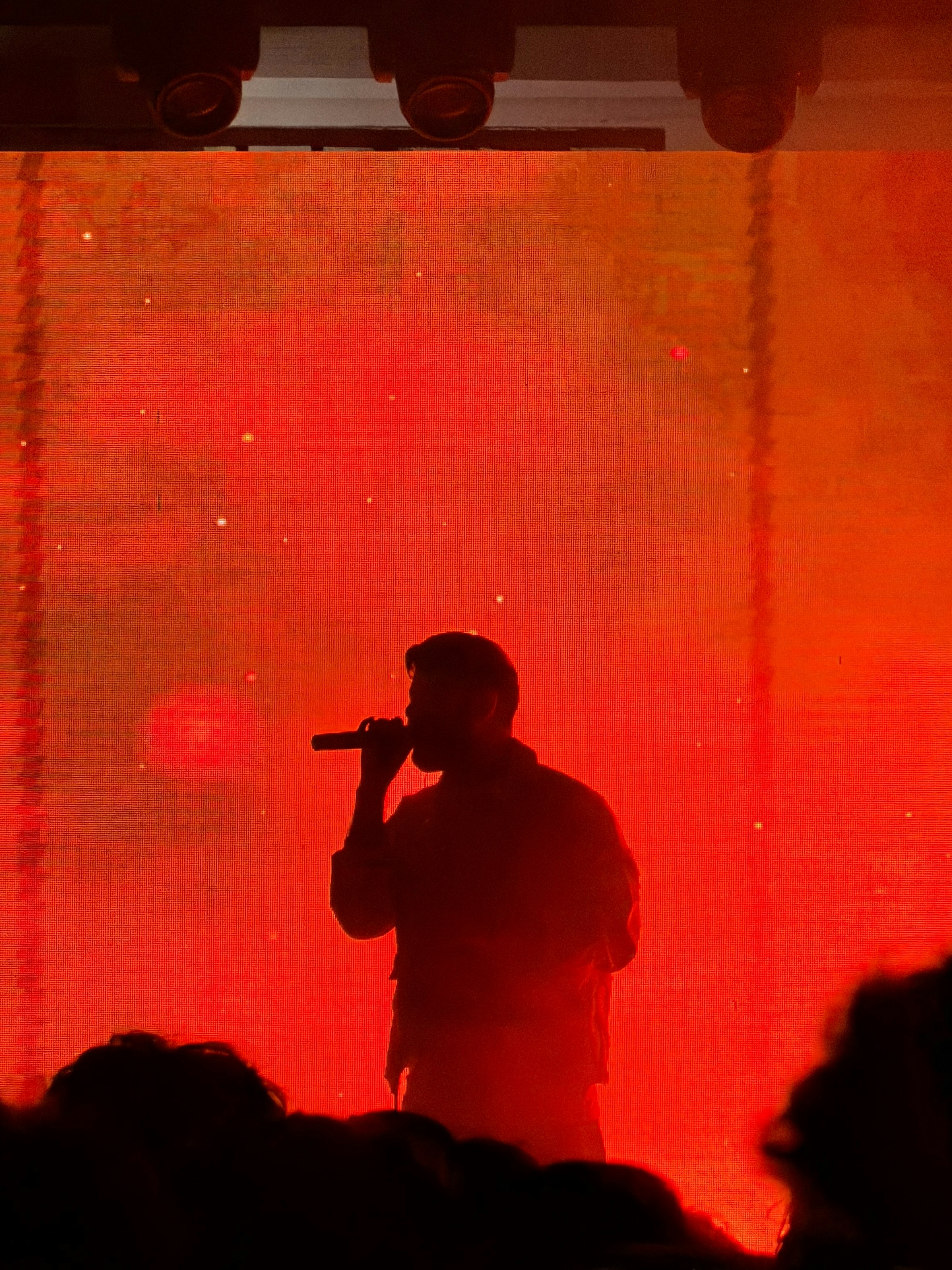 Silhouette on a Crimson Stage: A Vocal Spotlight