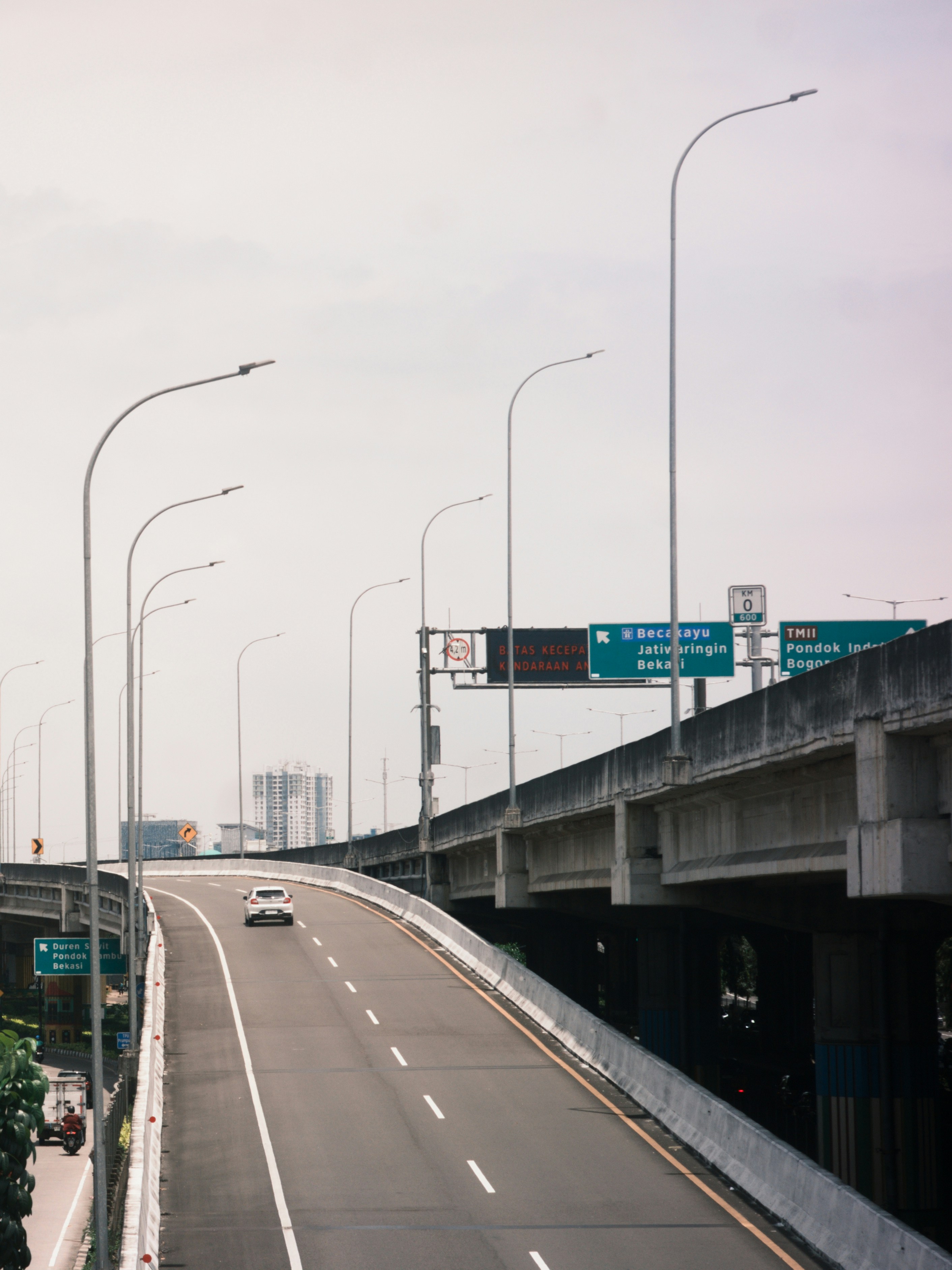 A white car drives on an elevated highway with streetlights.