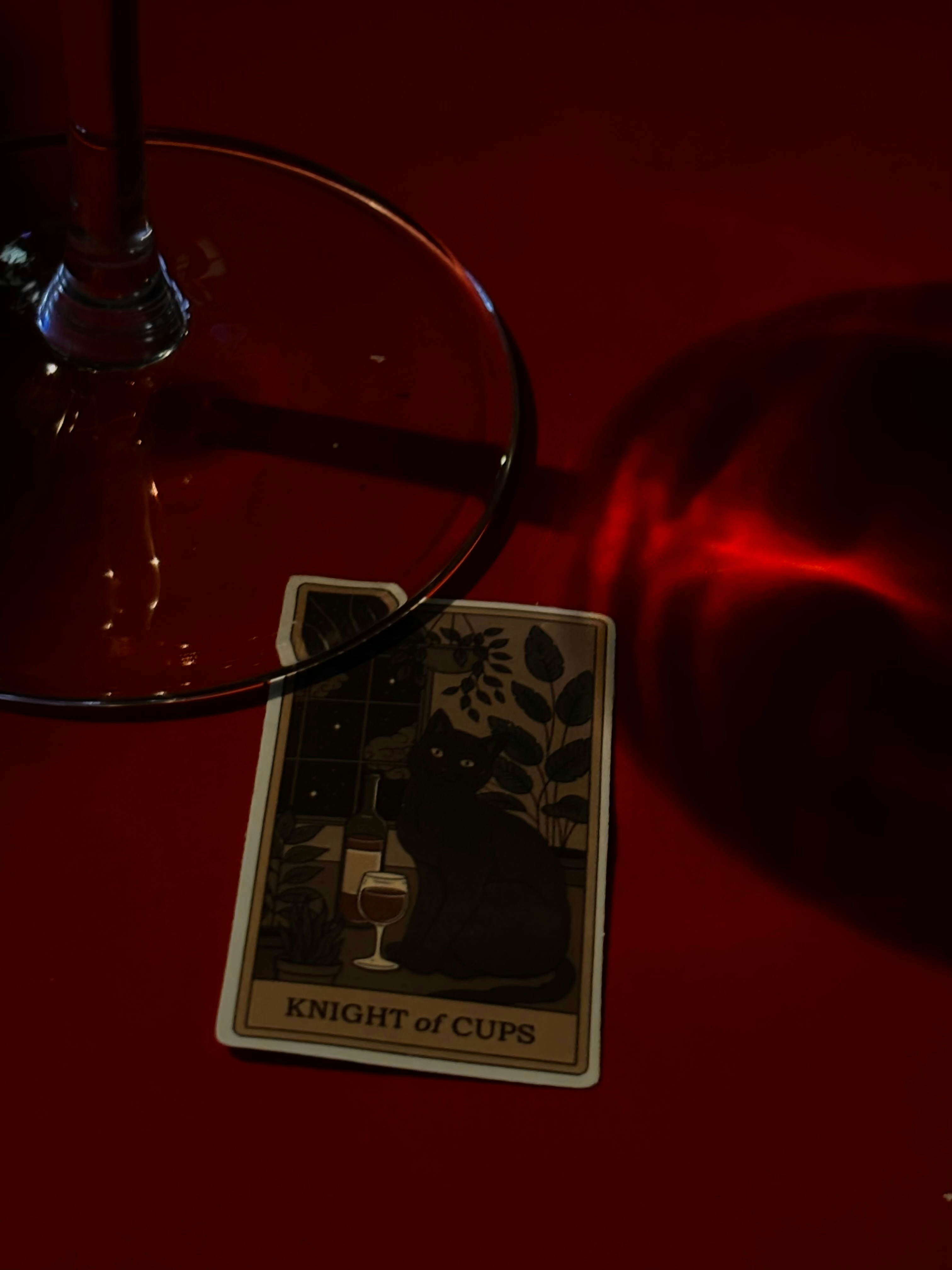 Shadowed Toast: A Card and Wine Glass on a Crimson Surface