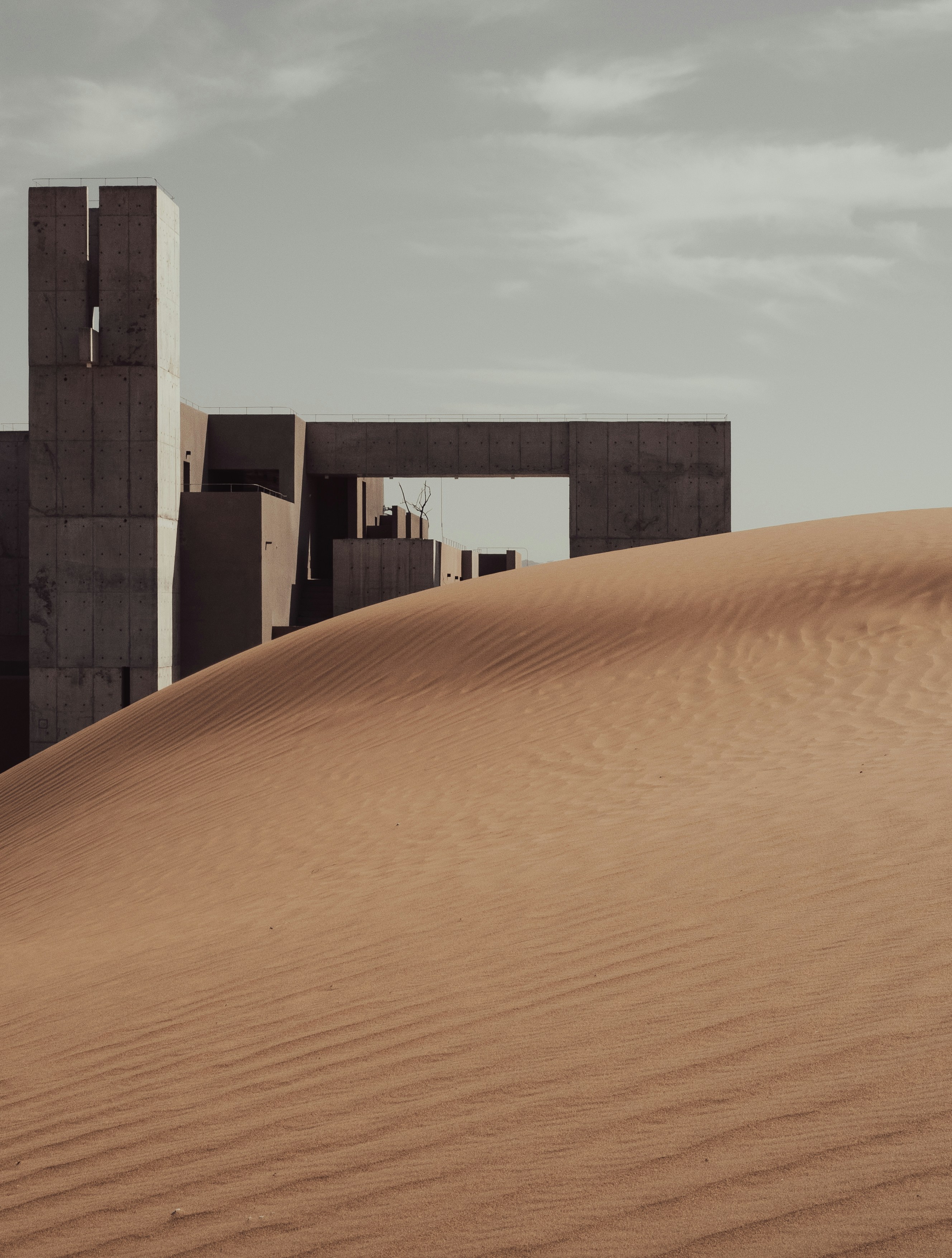 Desert Geometry: Concrete Shadows Against Golden Dunes