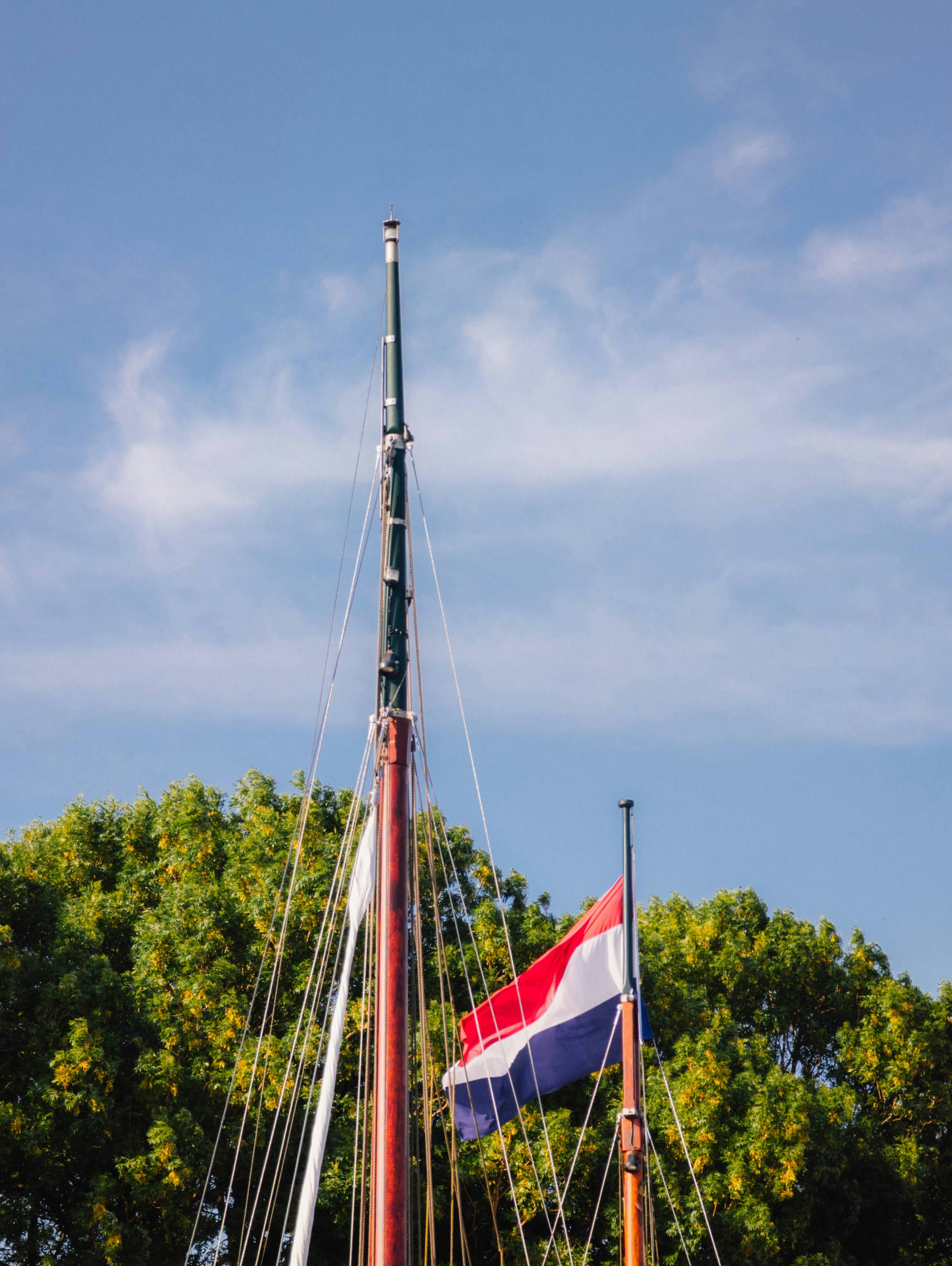 Dutch flag flying from a mast with green trees.
