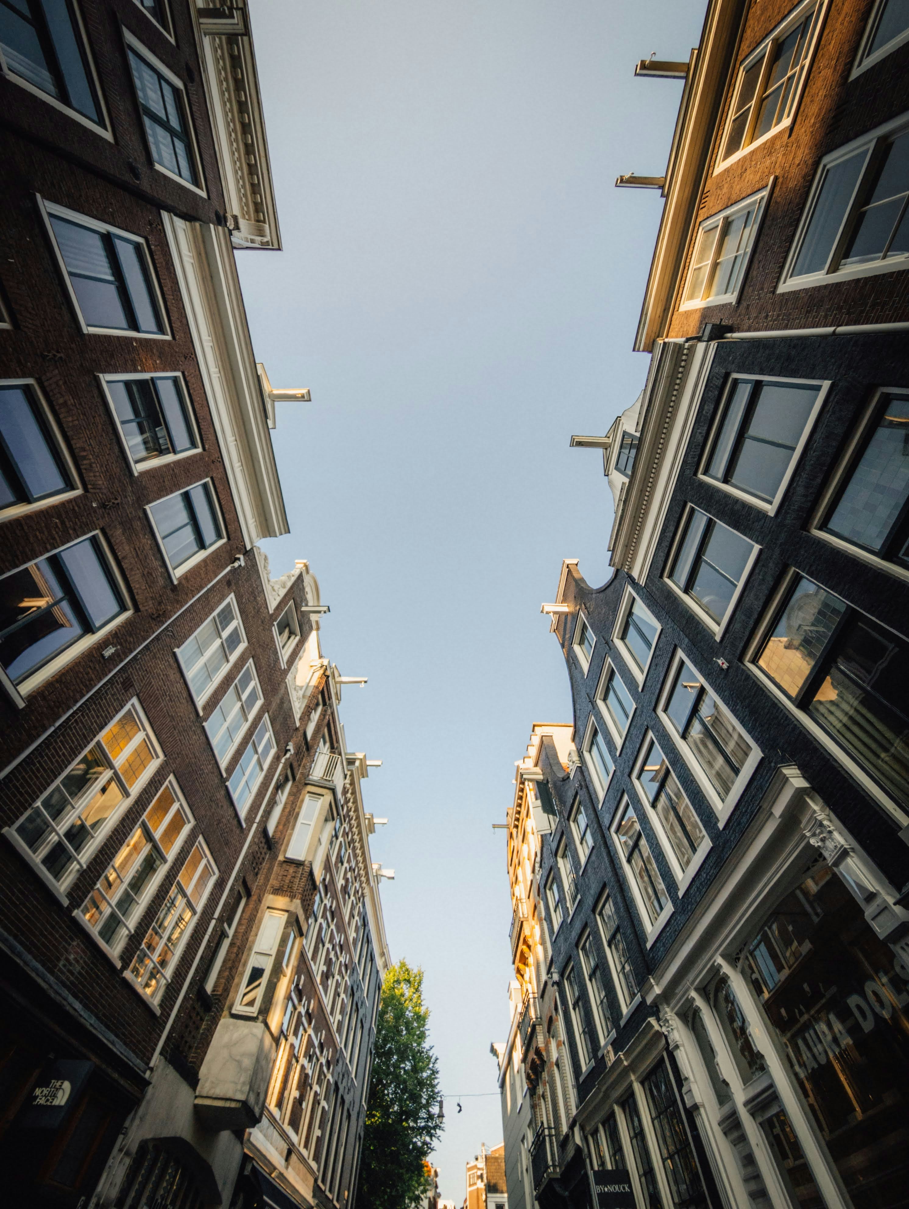 Upward Gaze Between Historic Facades