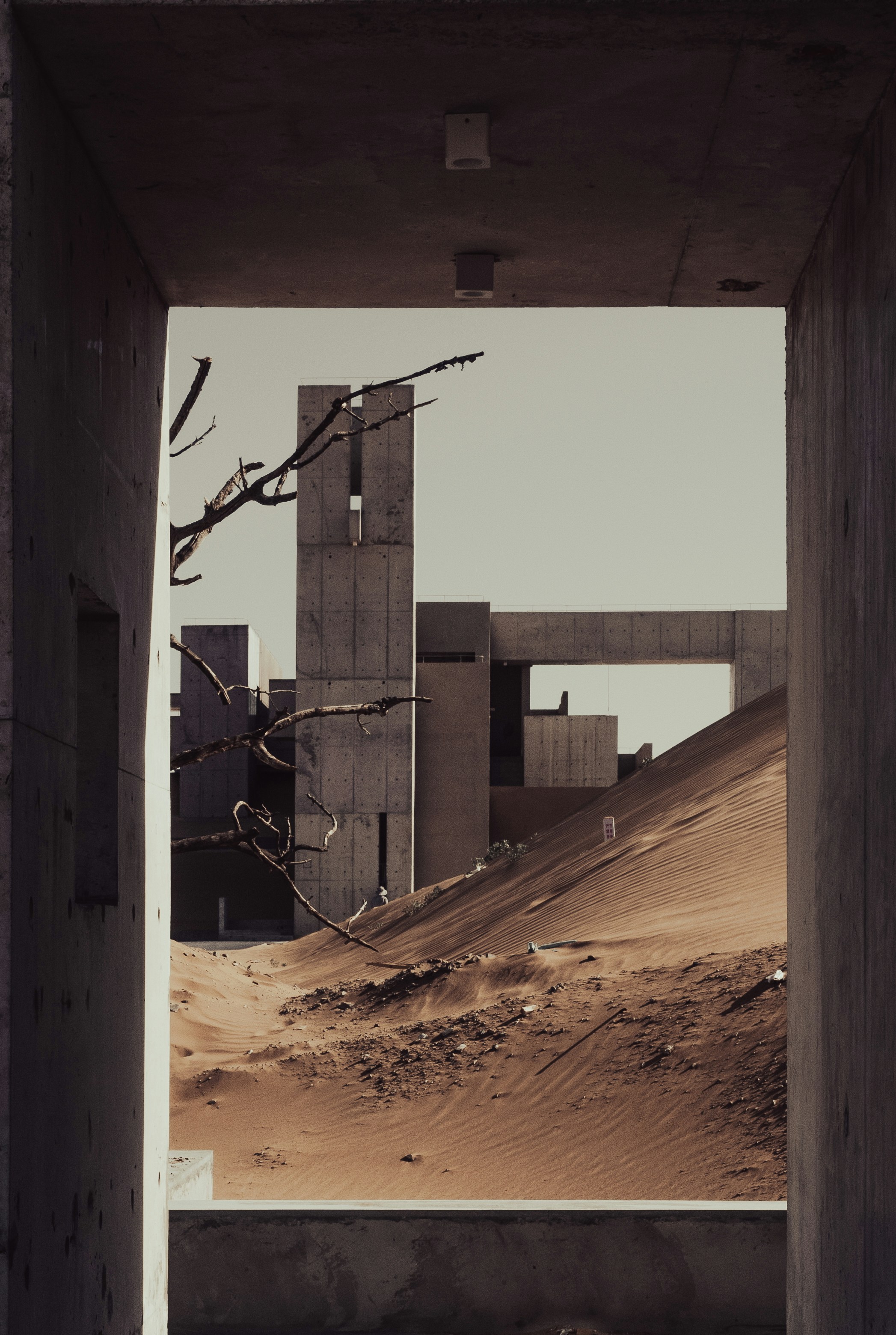 Deserted Monoliths: Framed Canyon of Concrete and Sand