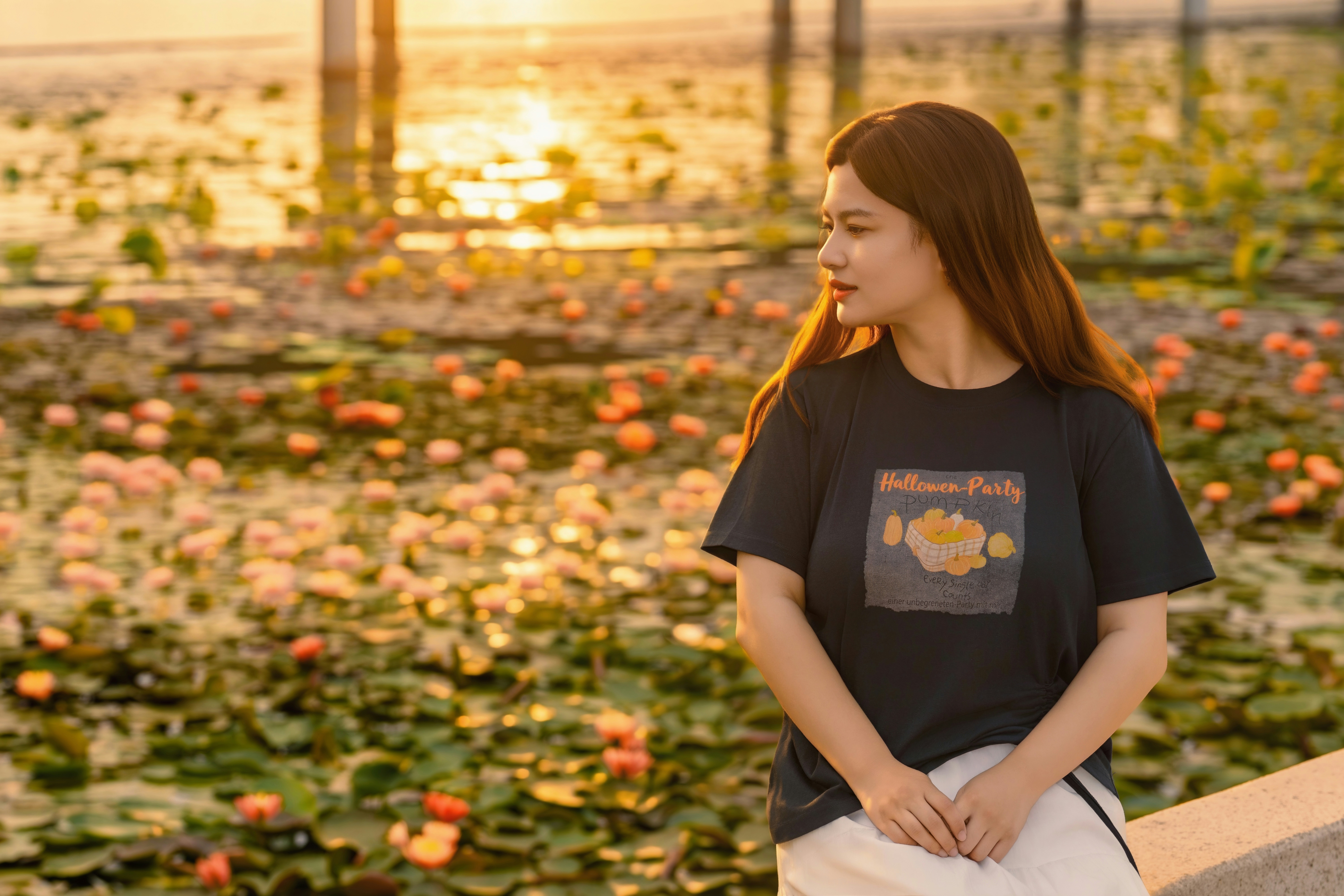 Sunlit resolve: a quiet portrait by the pond of floating roses