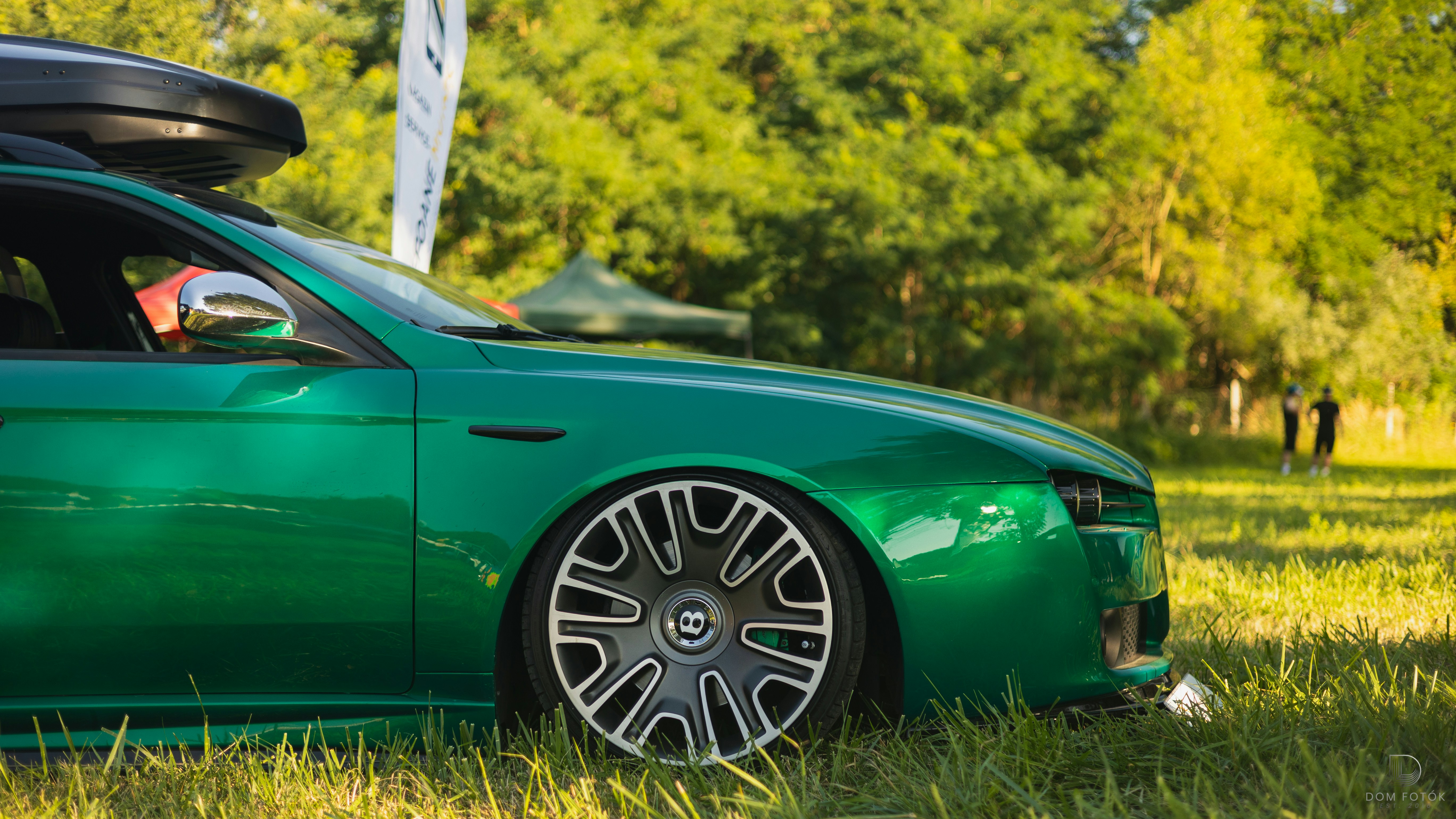Emerald Stance: A green coupe revs at the park edge