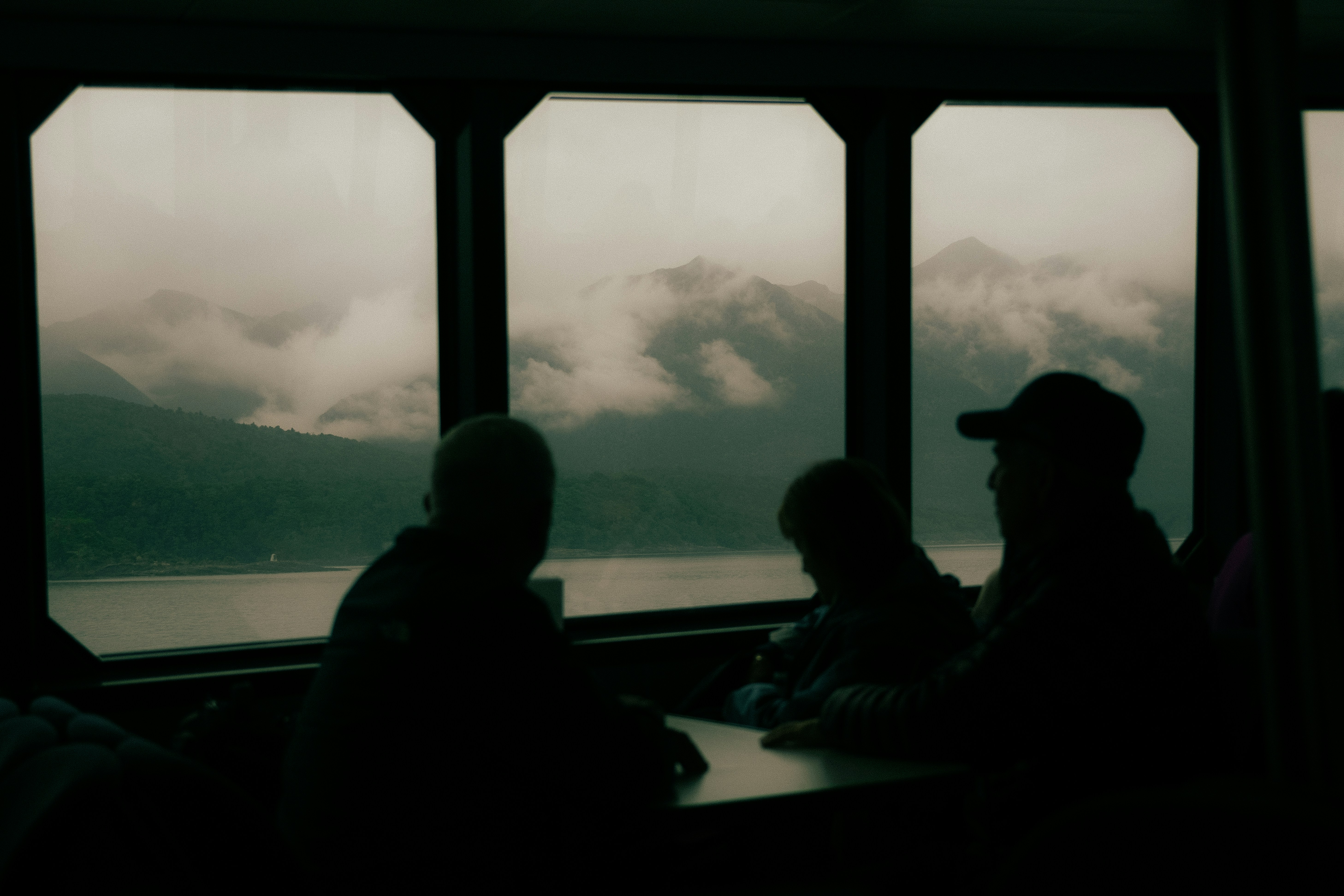 Silhouettes at the Window: Mountain Mist over the Quiet Train Car