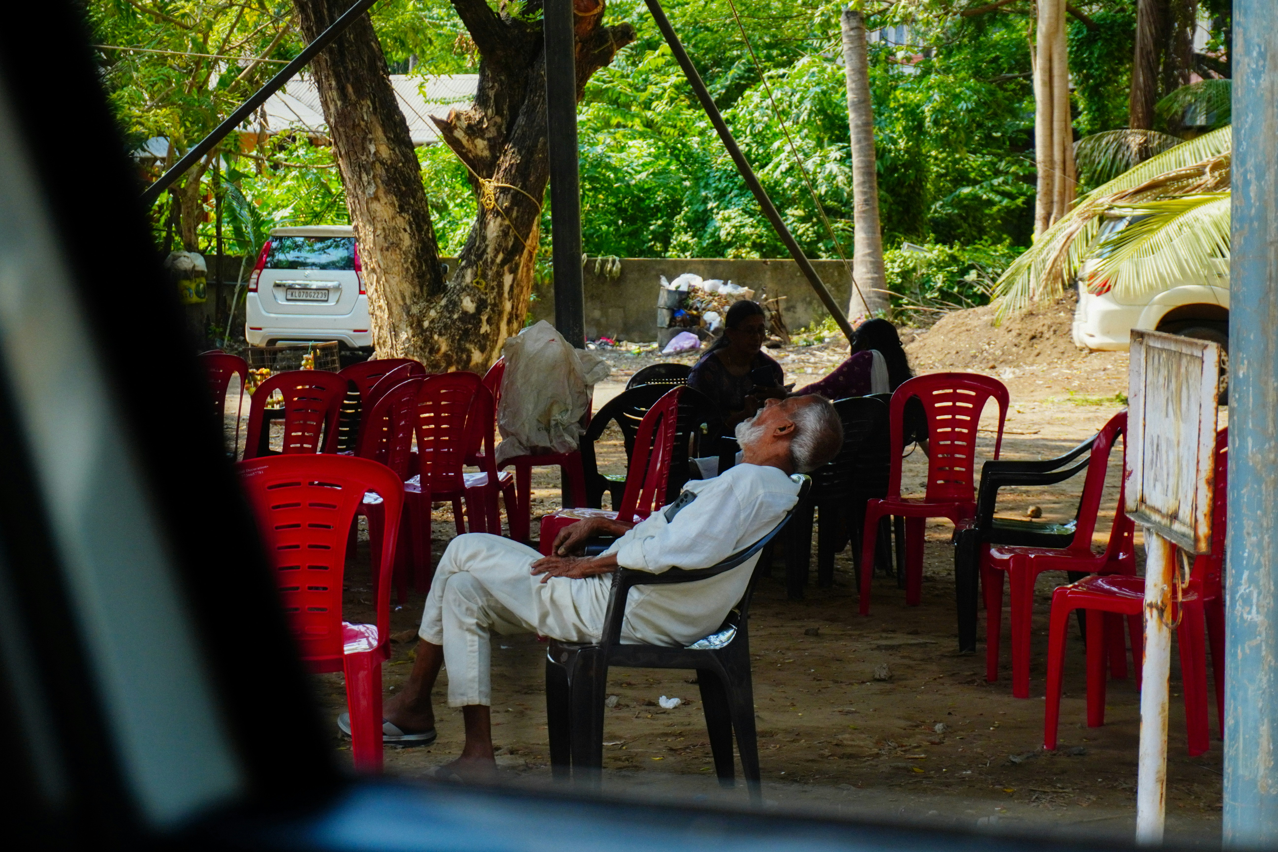 Quiet Vigil: A Man Resting Amid Red Chairs Under a Shade of Trees