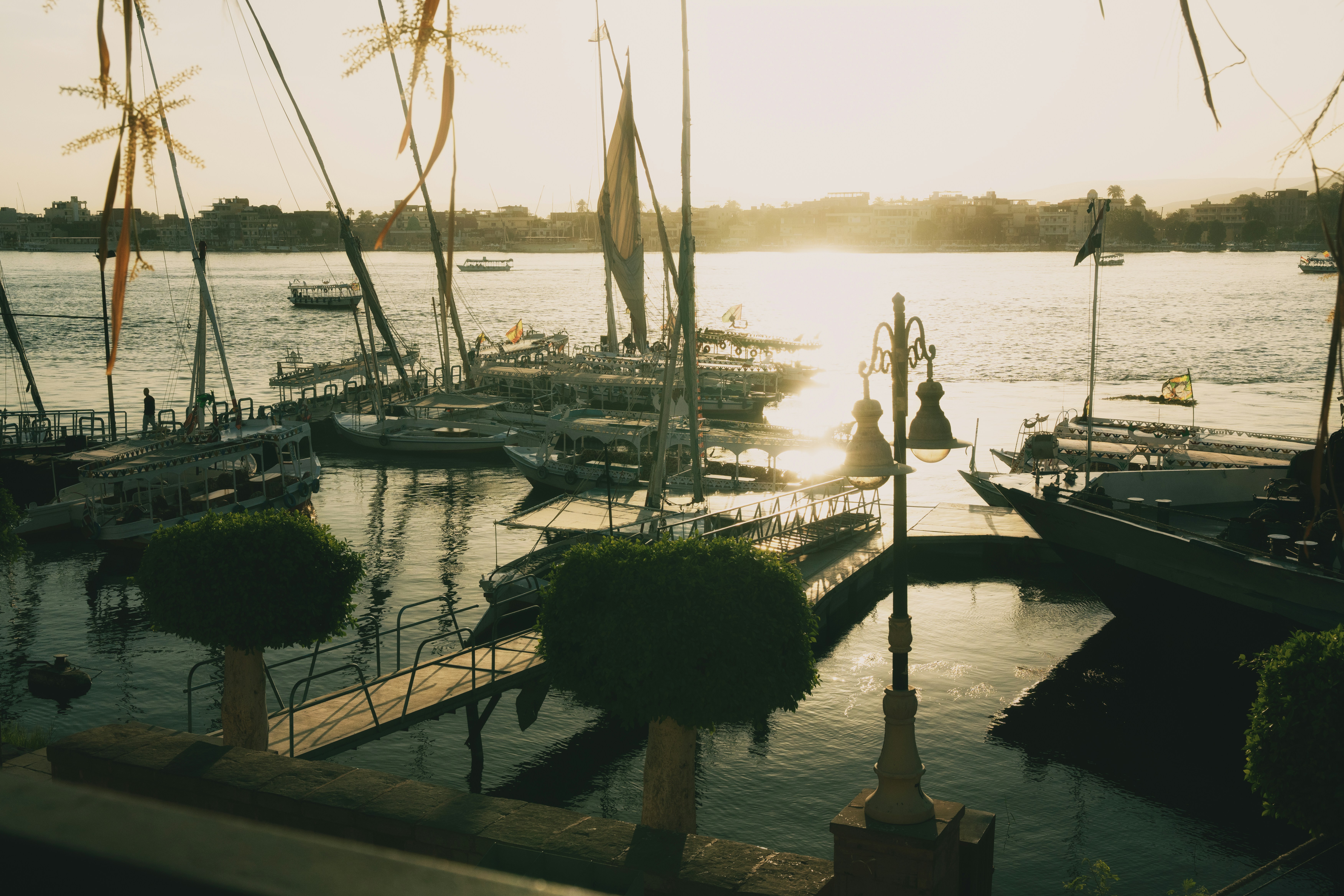 Sunset over a harbor filled with many sailboats.