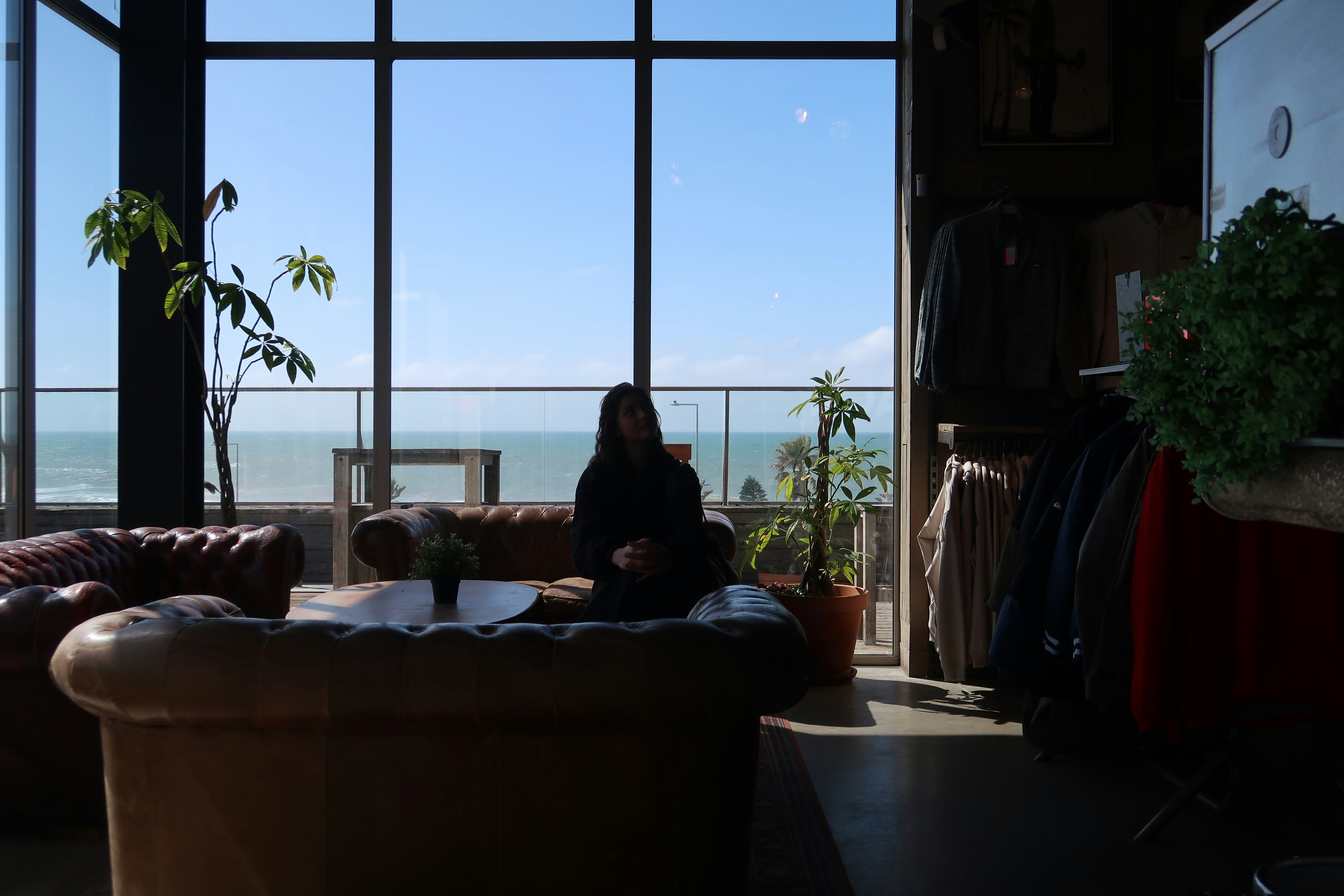 Sunlit Ocean Lounge: Quiet Figure Beneath Glass Panes