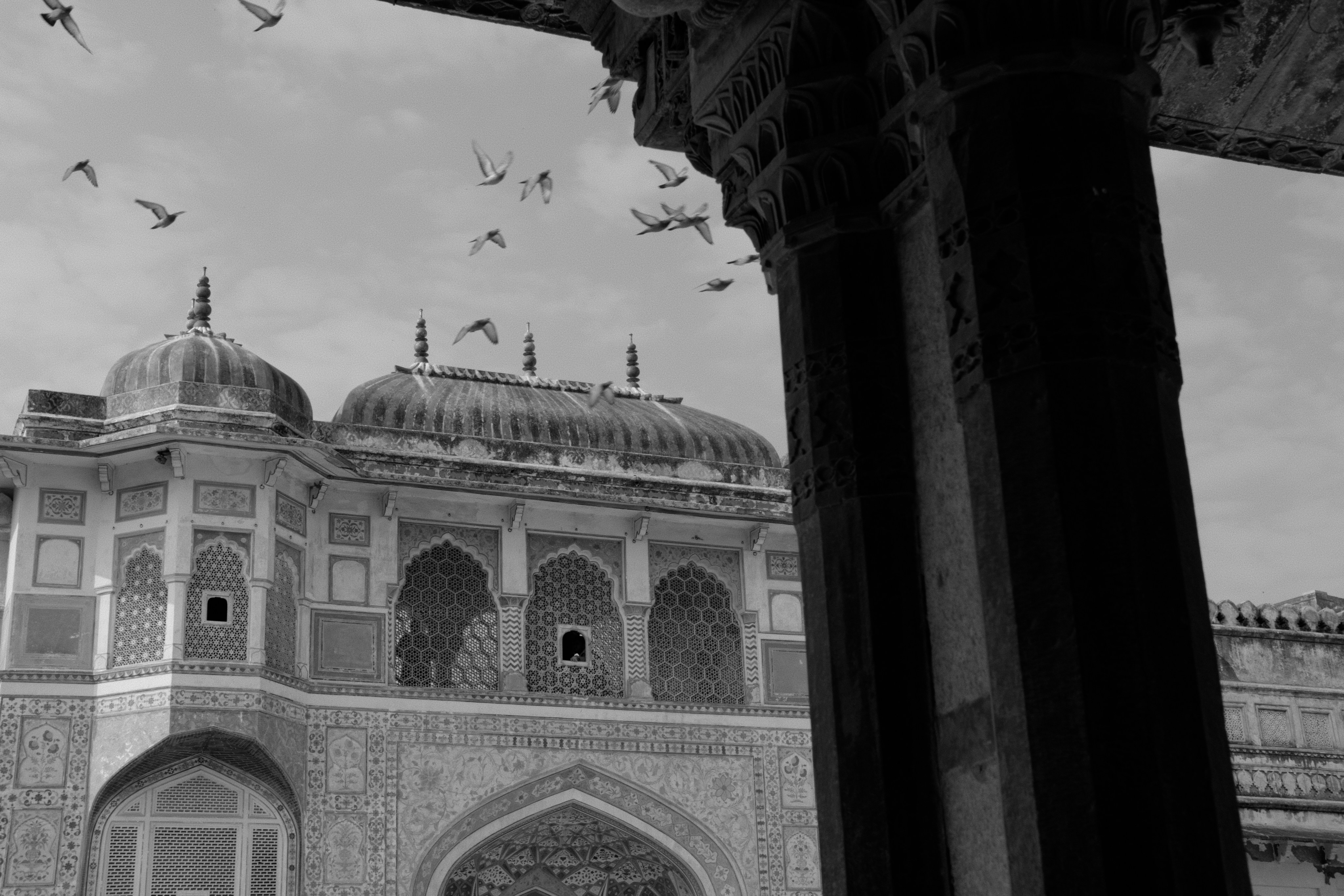 Birds soar above an ancient, domed palace in monochrome.
