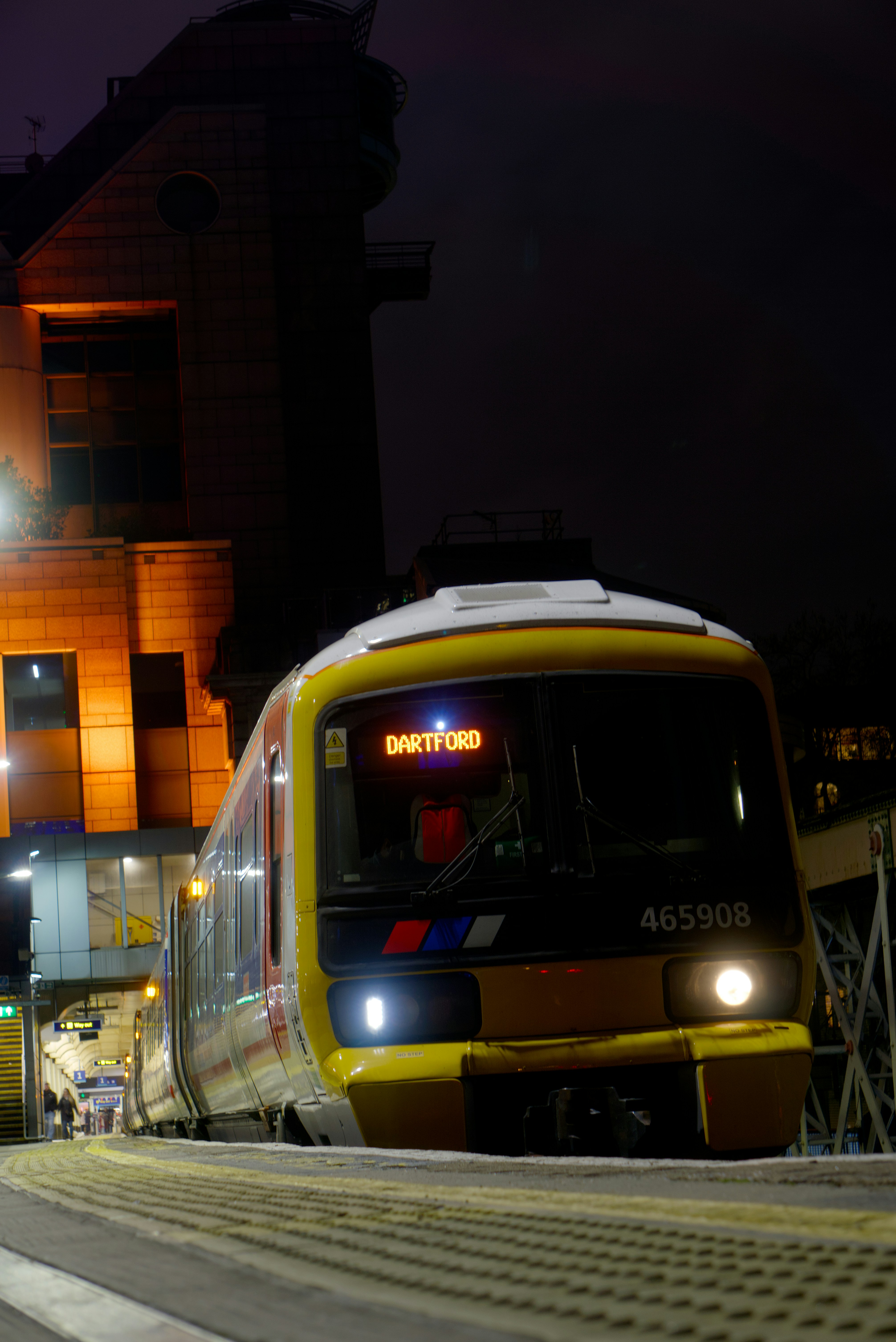 Dartford at Night: The Yellow Front on a Citybound Train