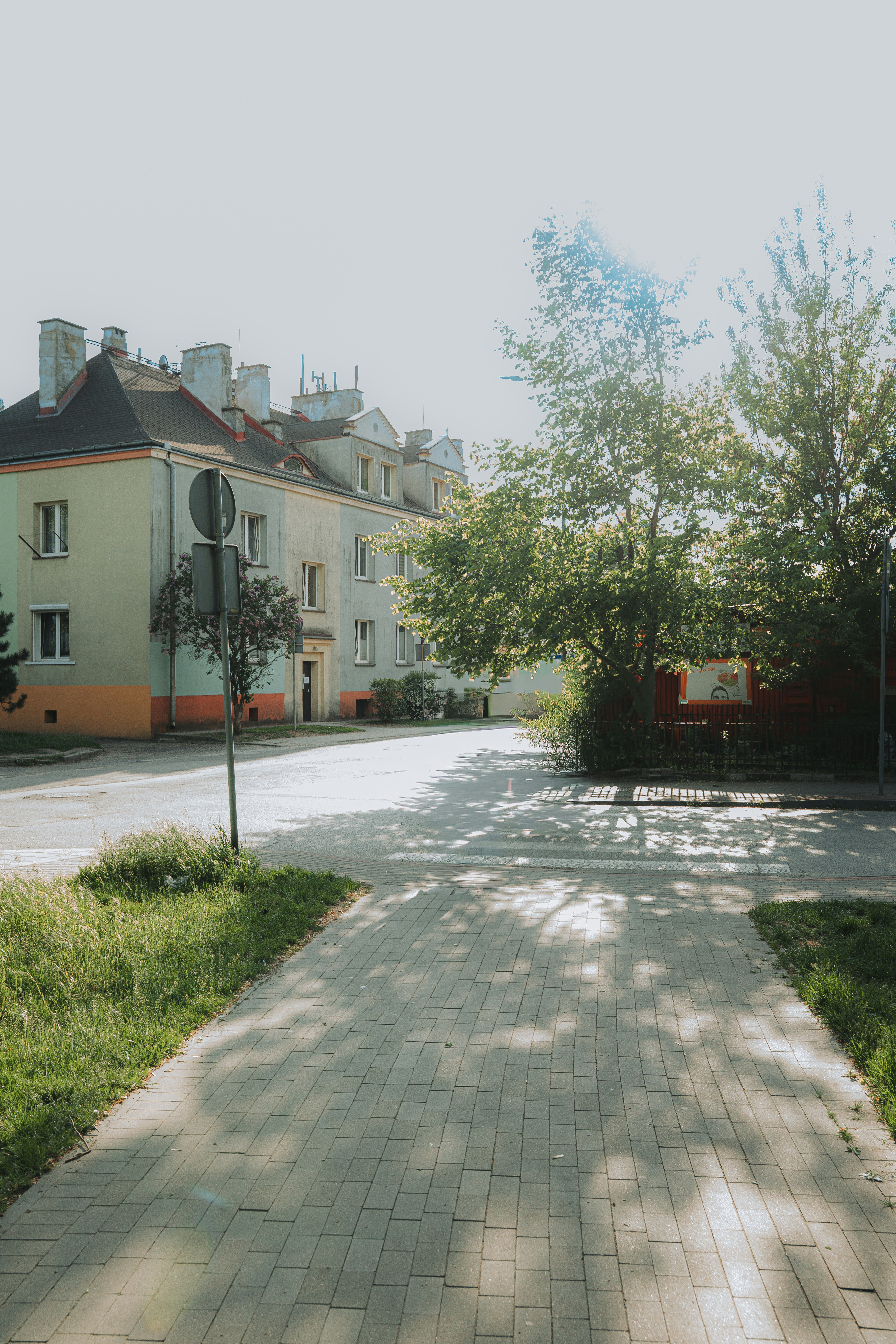 Sunny street with residential building, trees, and sidewalk shadows.