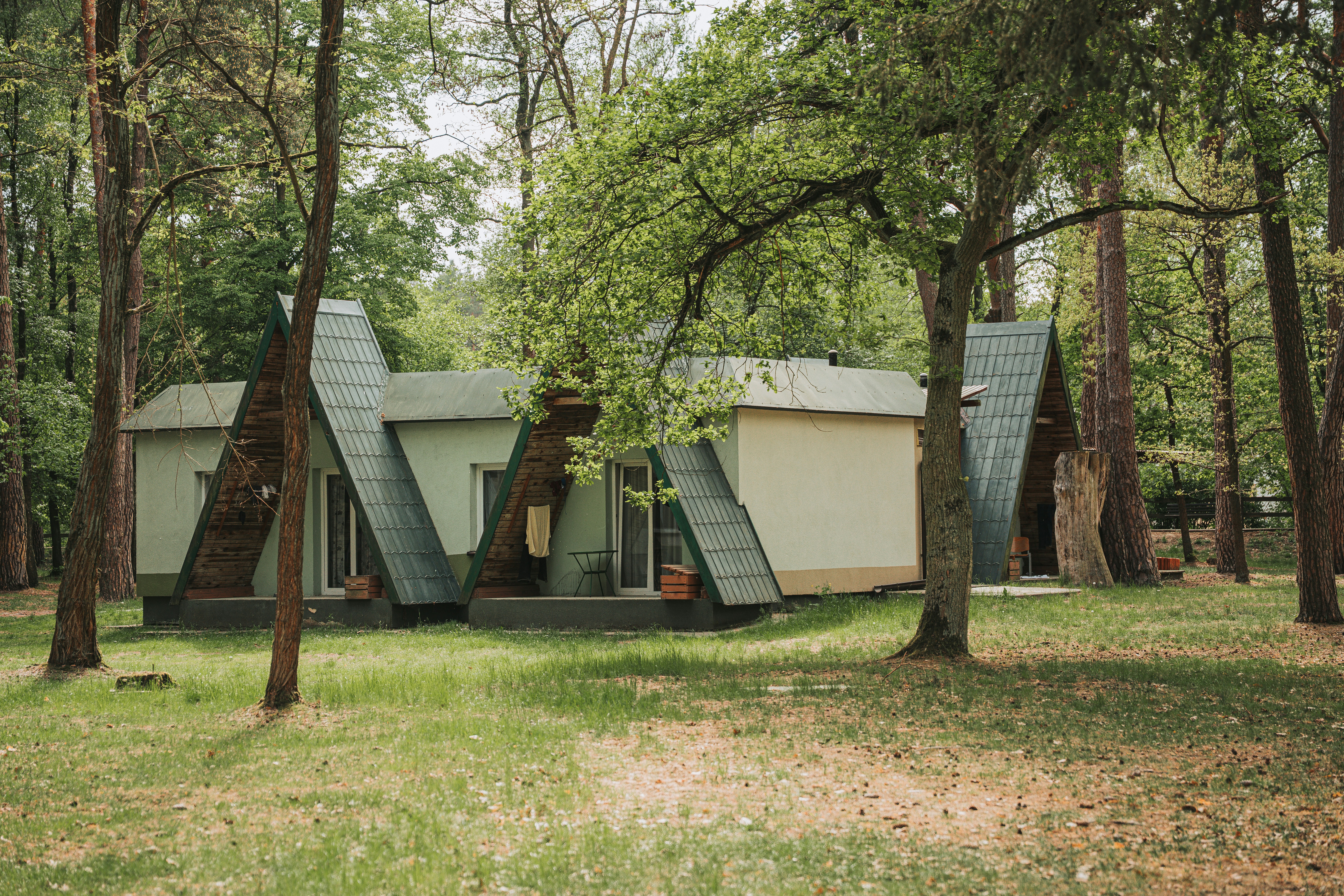 A Quiet Campus Row of A-Frame Dwellings Nestled in the Park