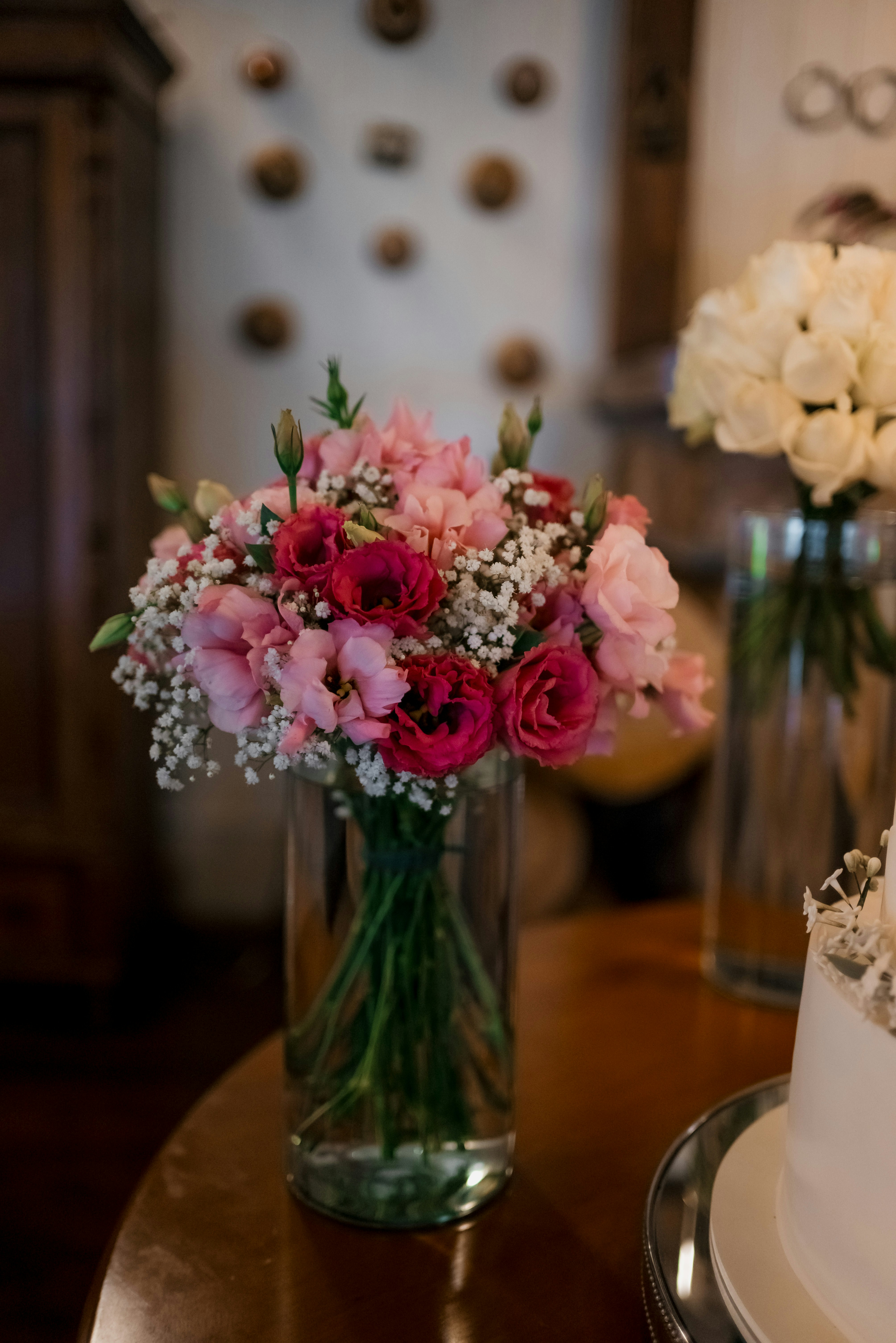 Blush Bouquet in Glass Vase on Velvet Table