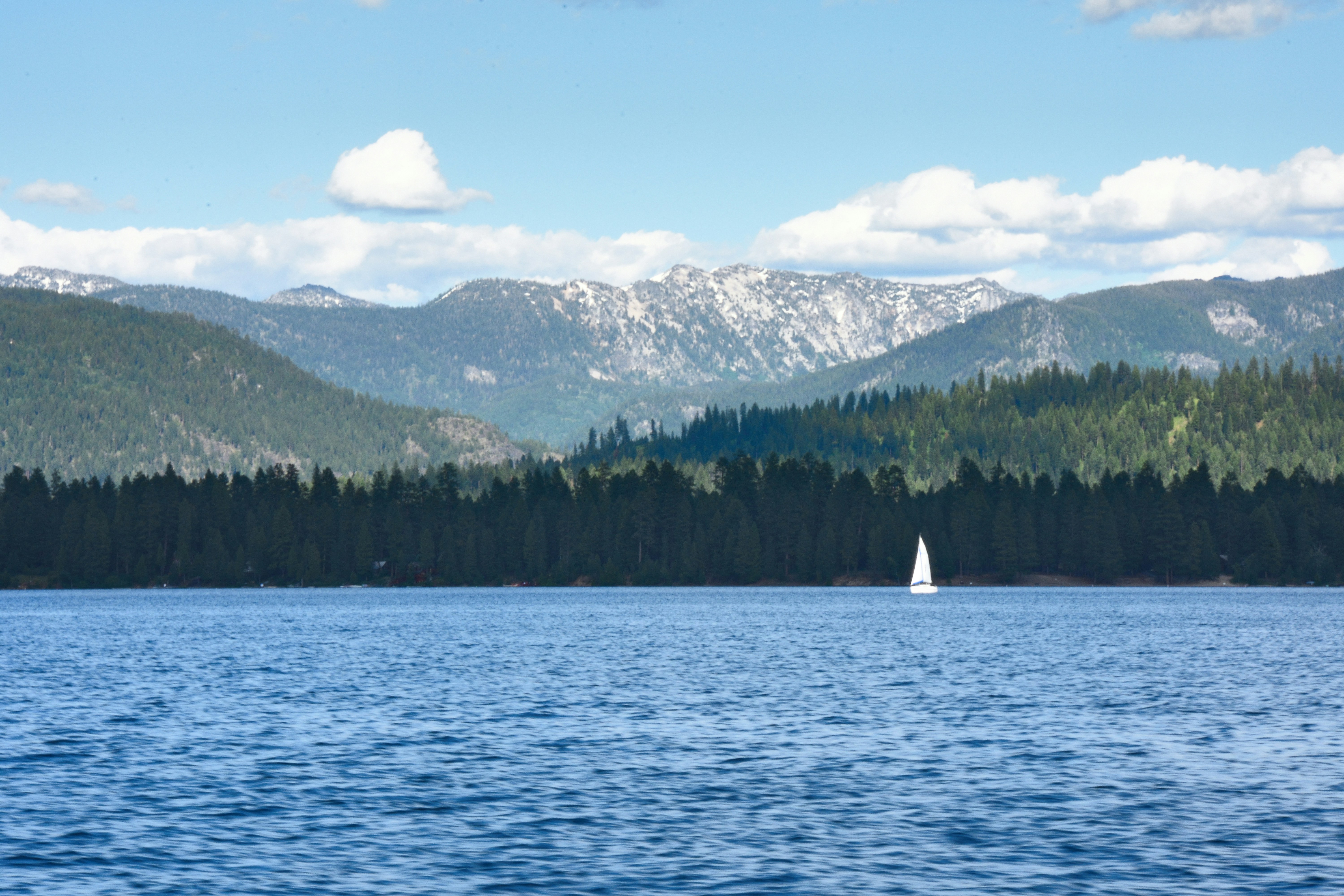 A Lone Sail on a Quiet Blue Sea Under Snow-Capped Peaks