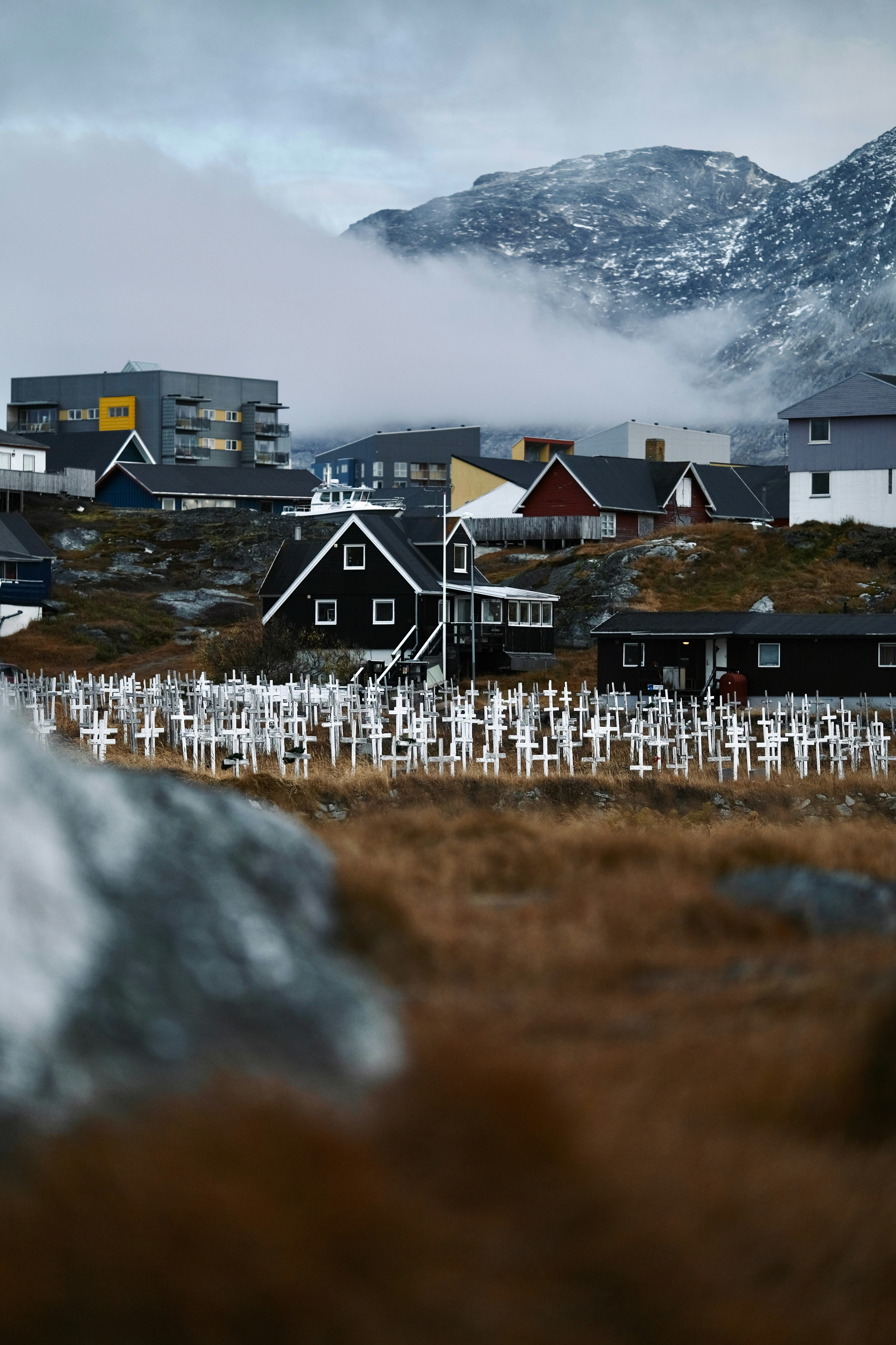 Snowbound Dwellings Near a Mist Veil