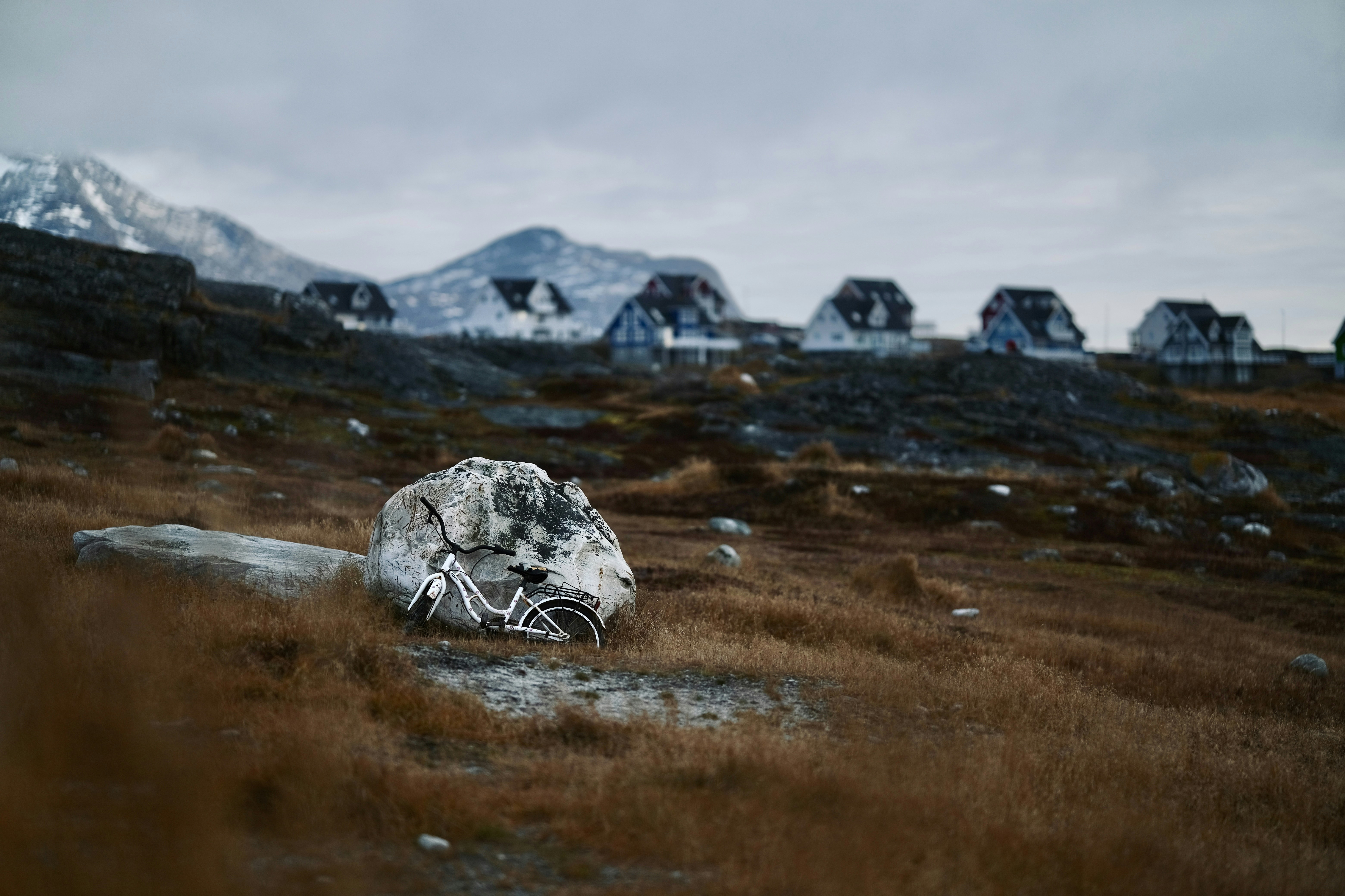 A lone bicycle fossil rests on windswept tundra as distant cottages outline a rugged horizon