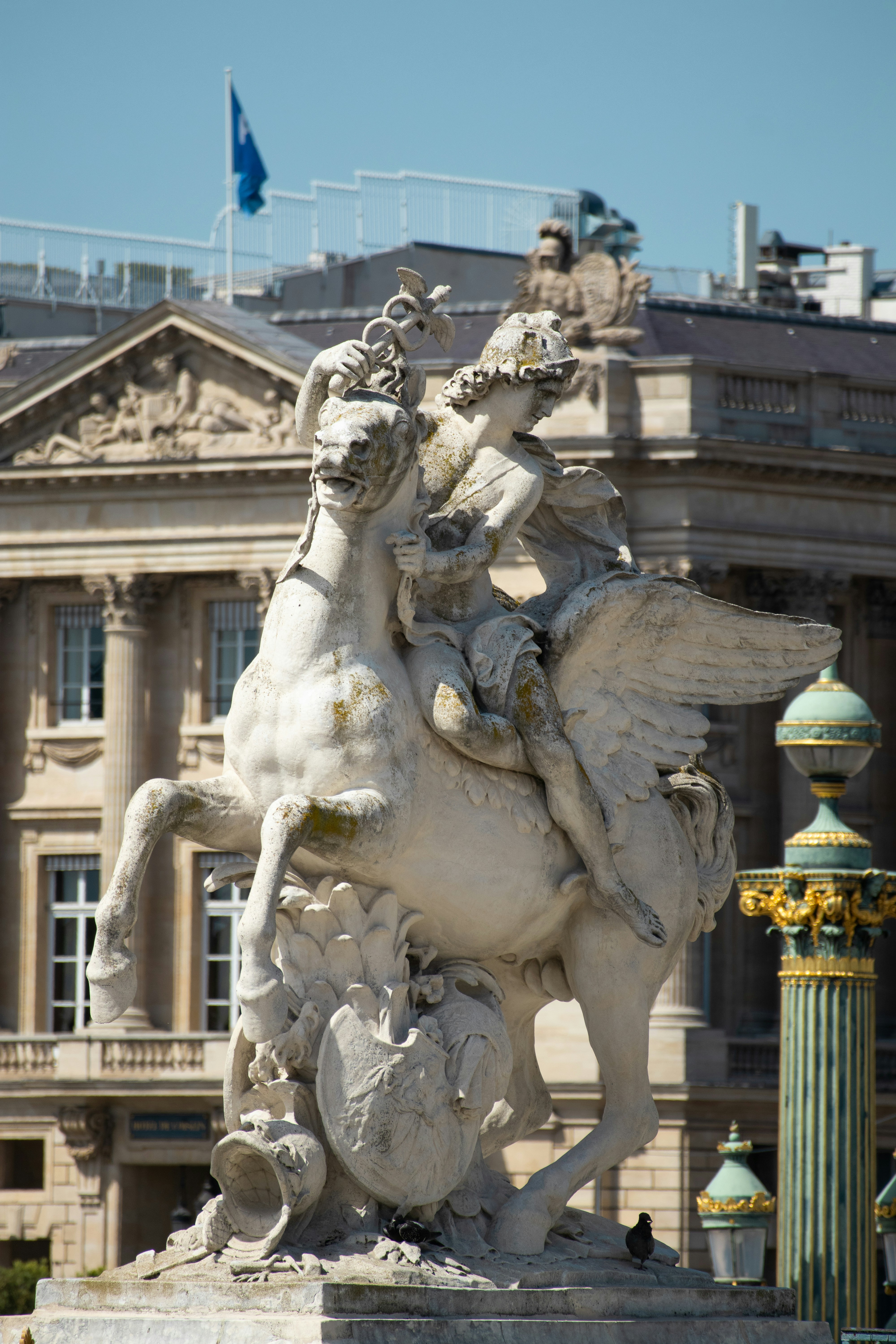 Winged Equestrian Crest: A Marble Statue in Front of a Historic Facade