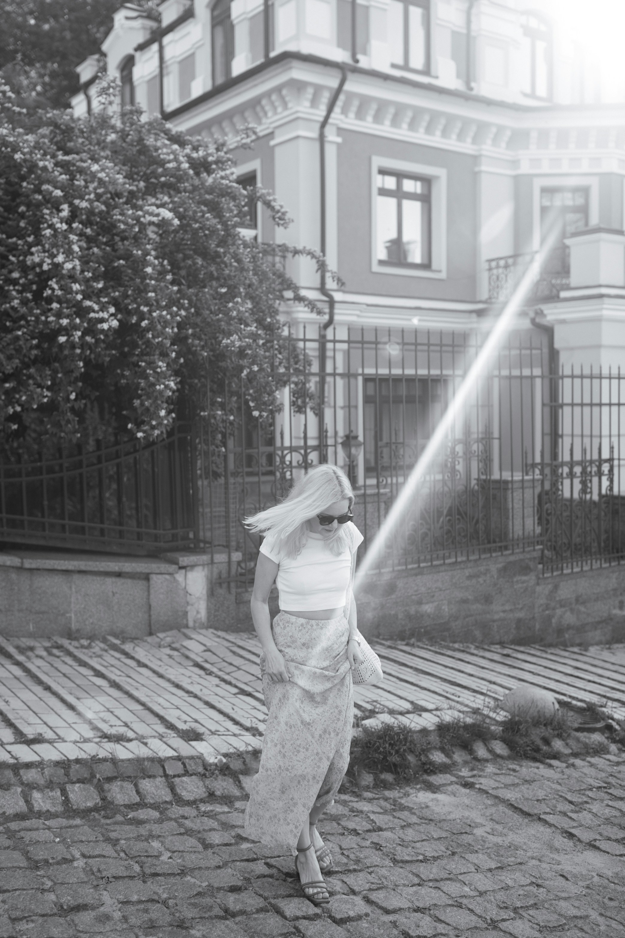 Windward Stroll: A sunlit glide past a stately façade