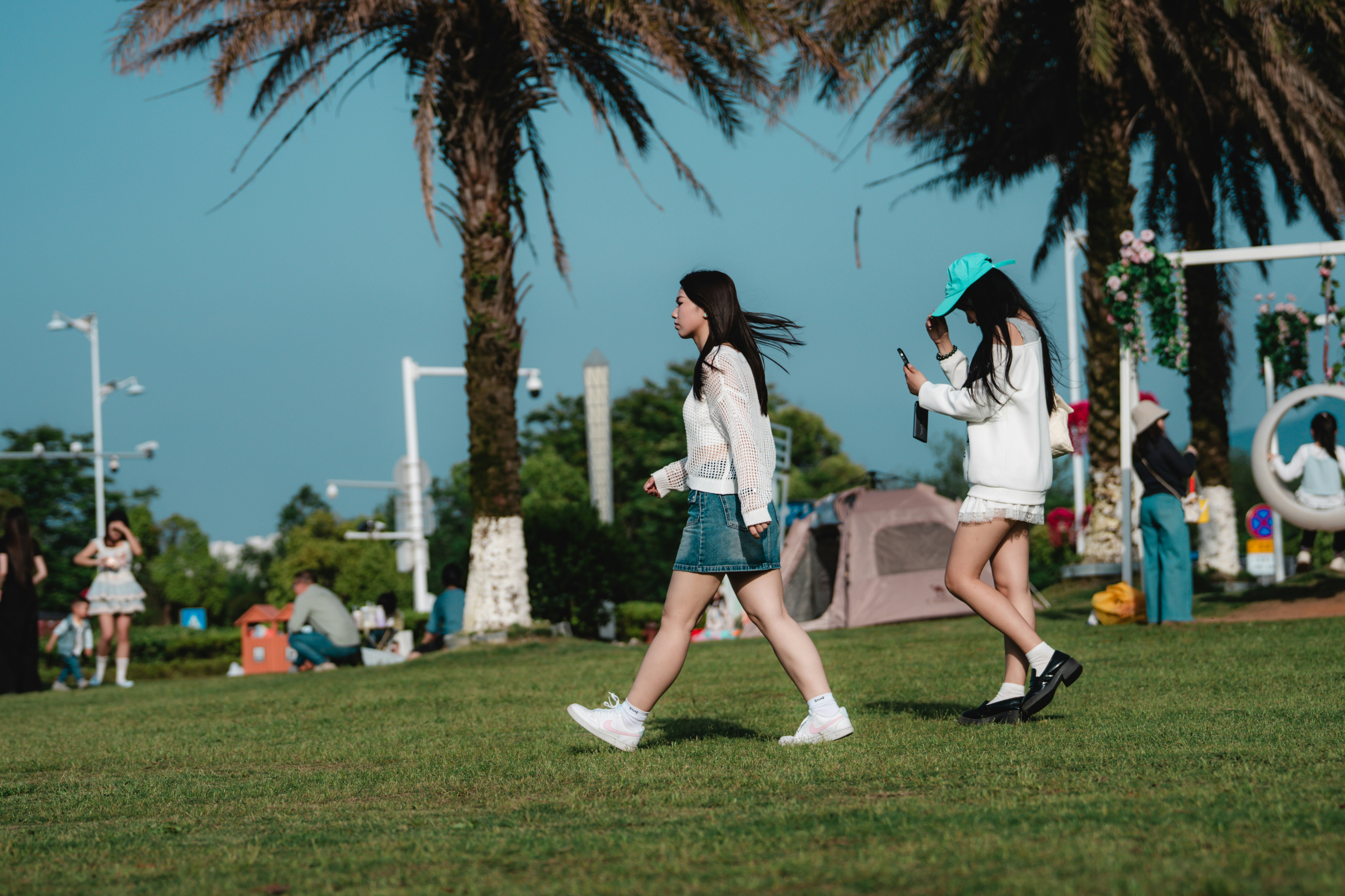 Sunlit Promenade: Friends Stroll Under Palm Trees