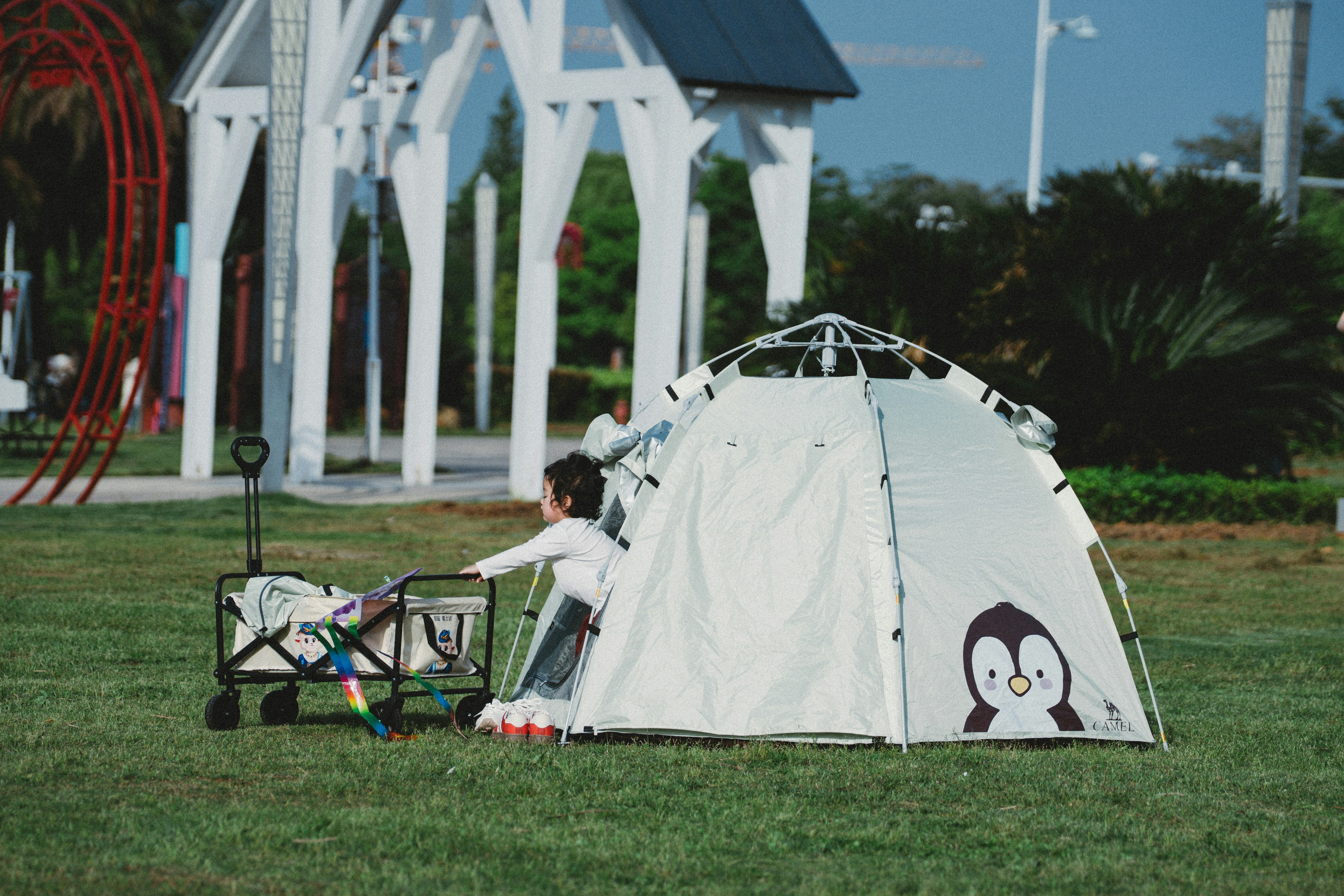 Quiet Camp at the Edge of a Park: A Child and a Penguin Tent