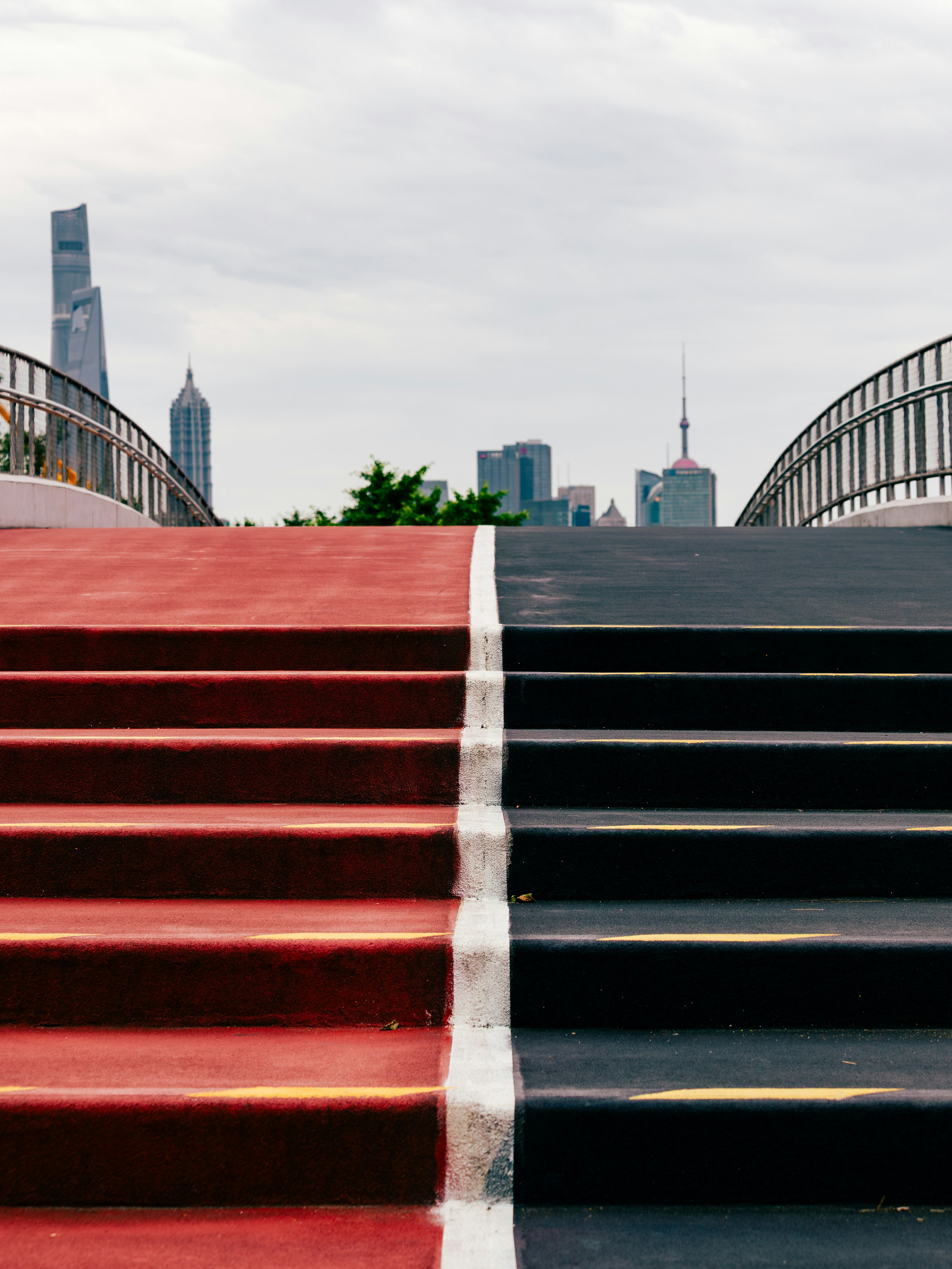 City Horizon Splits: A Staircase with Red and Black Tones