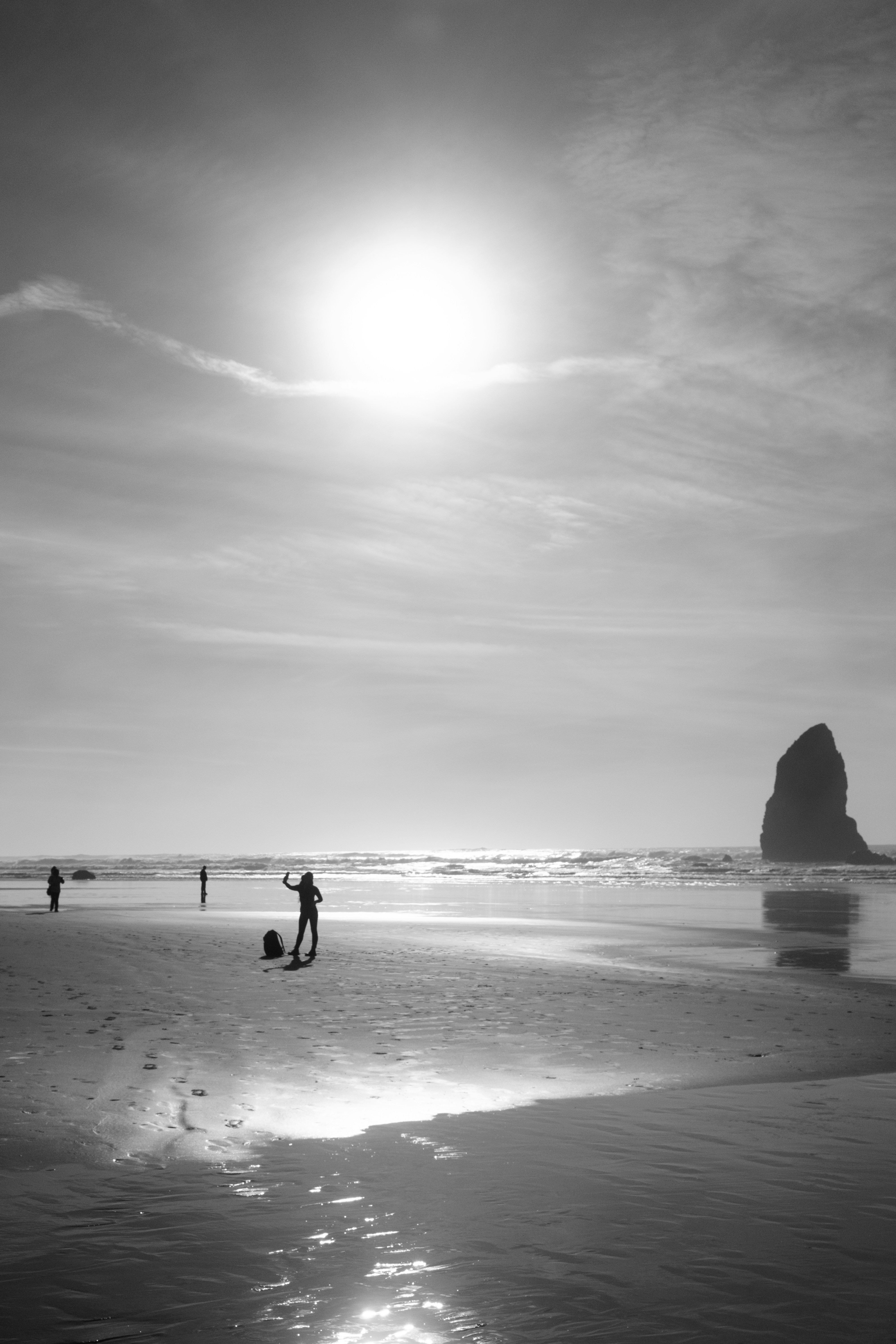 Silhouettes at the Shore: A Quiet Grayscale Moment
