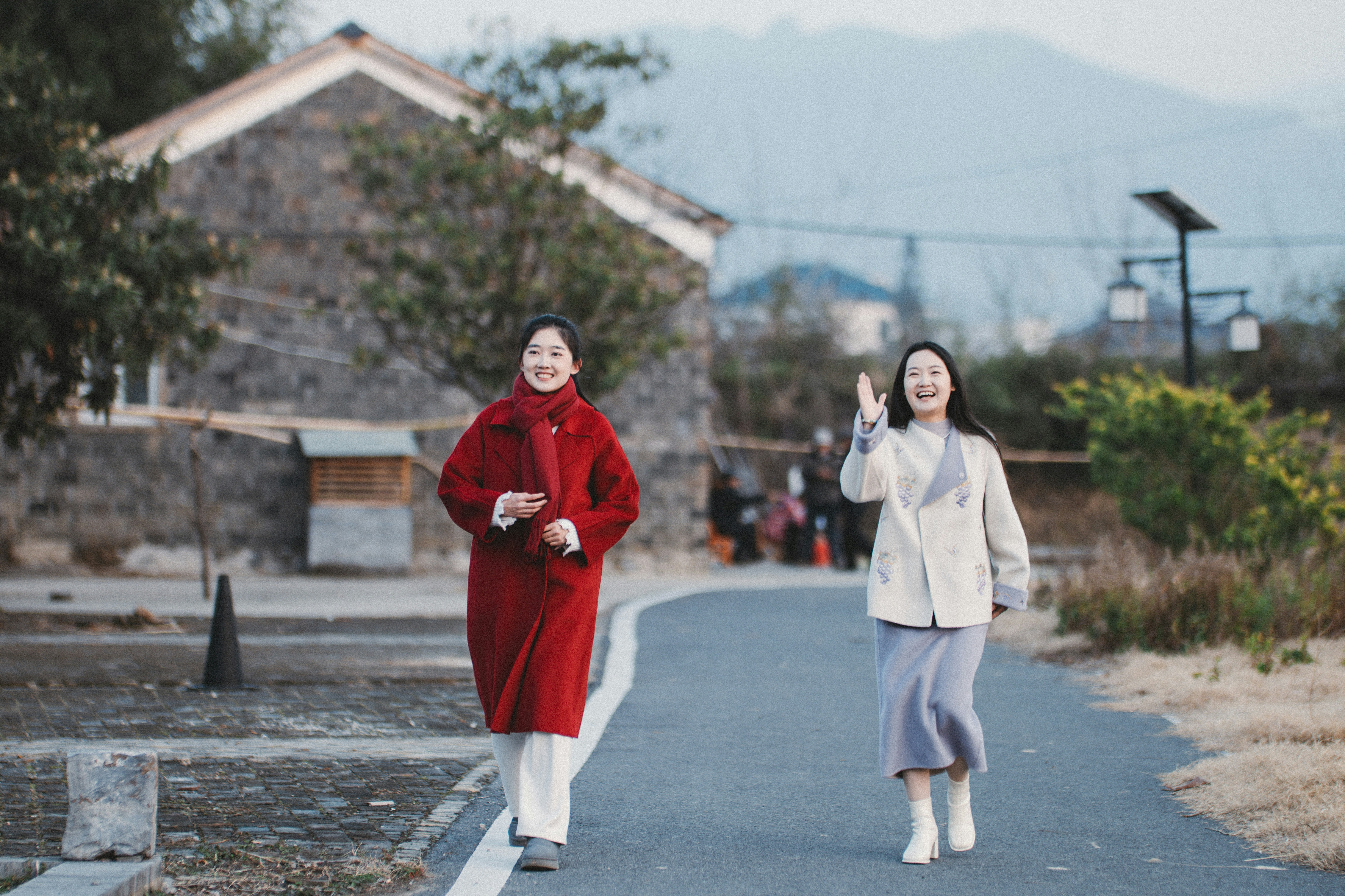 Two Friends in a Quiet Mountain Village Street